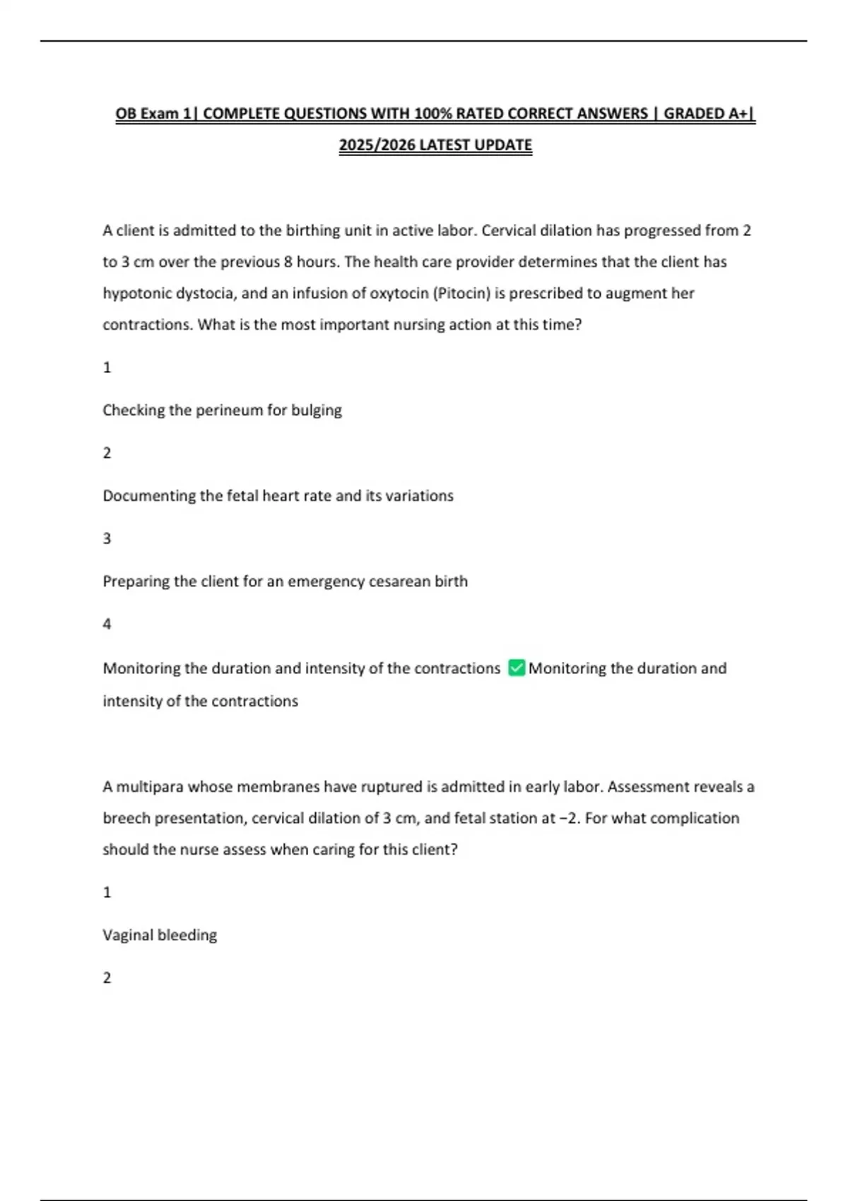 OB Exam 1| COMPLETE QUESTIONS WITH 100% RATED CORRECT ANSWERS | GRADED ...