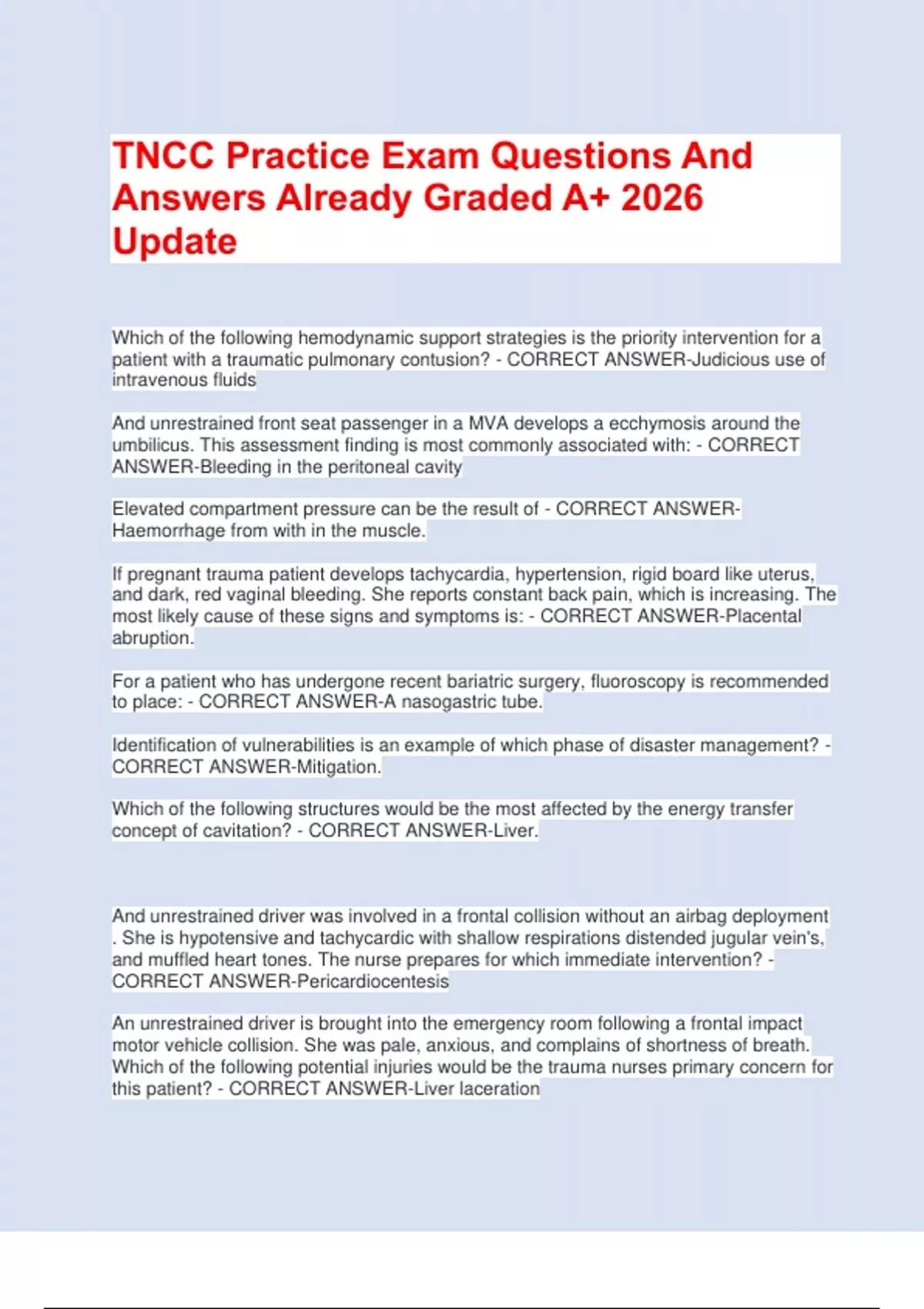 TNCC Practice Exam Questions And Answers Already Graded A+ 2026 Update ...