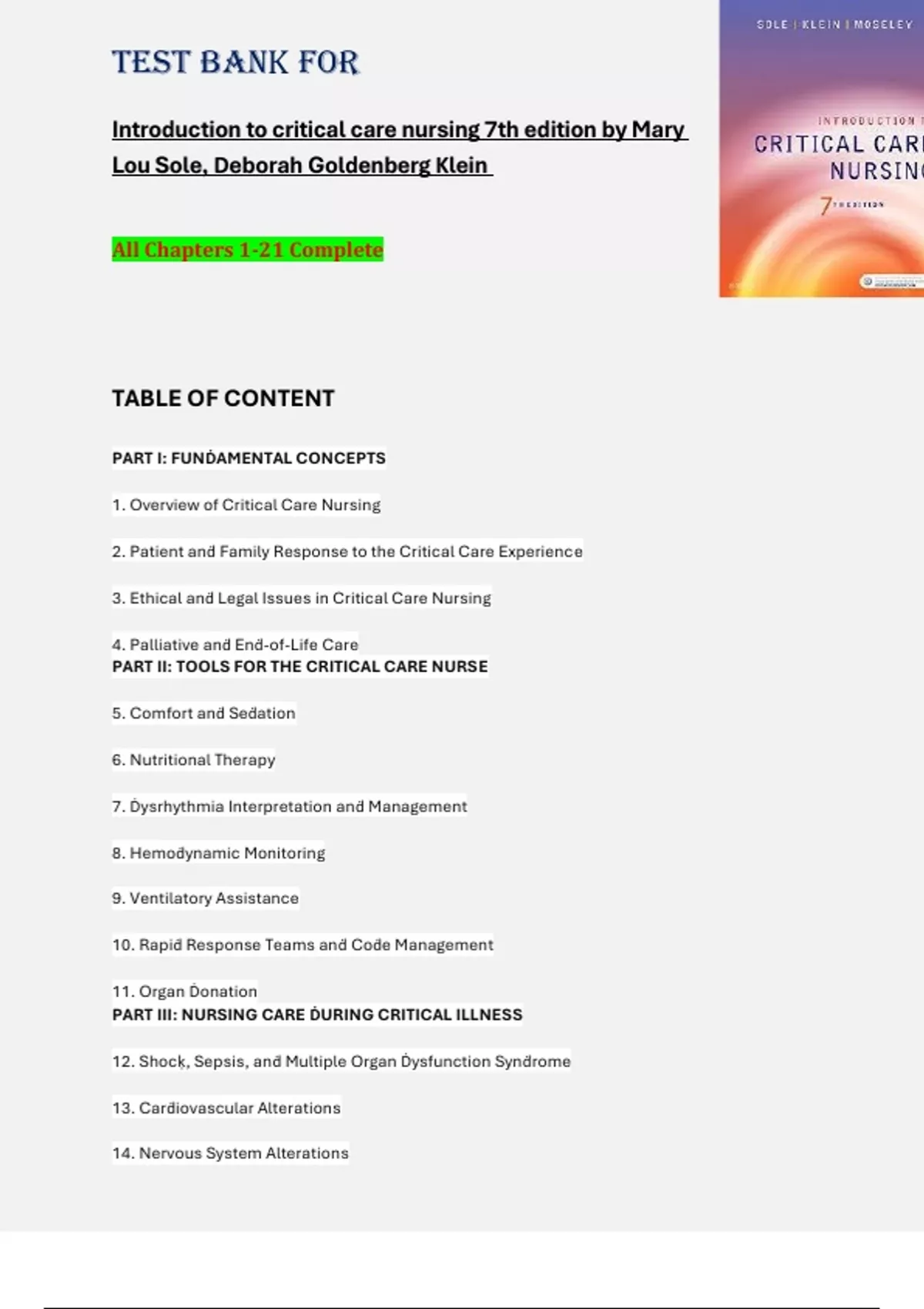 Test bank for Introduction to critical care nursing 7th edition by Mary ...