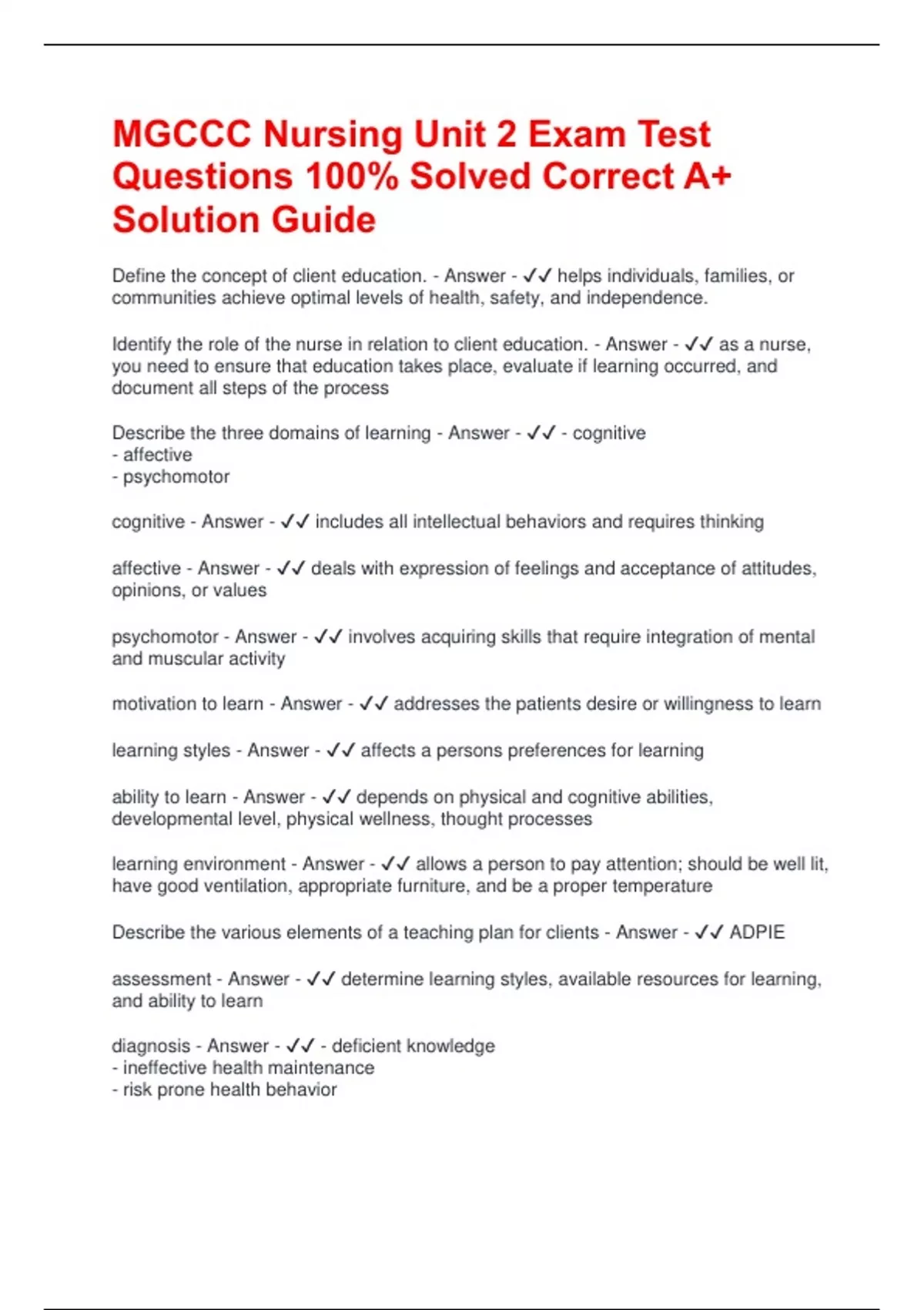 MGCCC Nursing Unit 2 Exam Test Questions 100% Solved Correct A+ ...