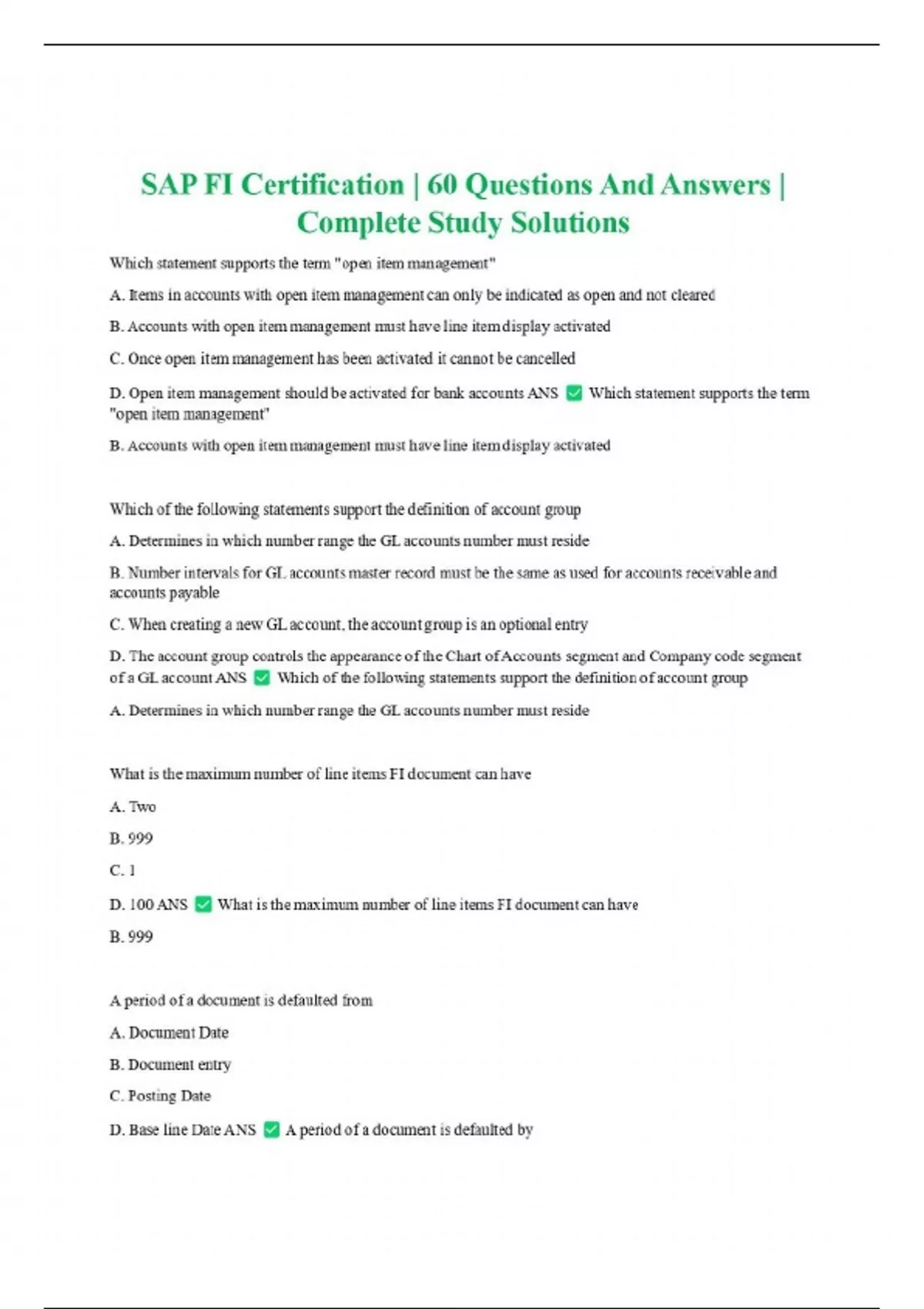 SAP FI Certification | 60 Questions And Answers | Complete Study Solutions - SAP FI - Stuvia US