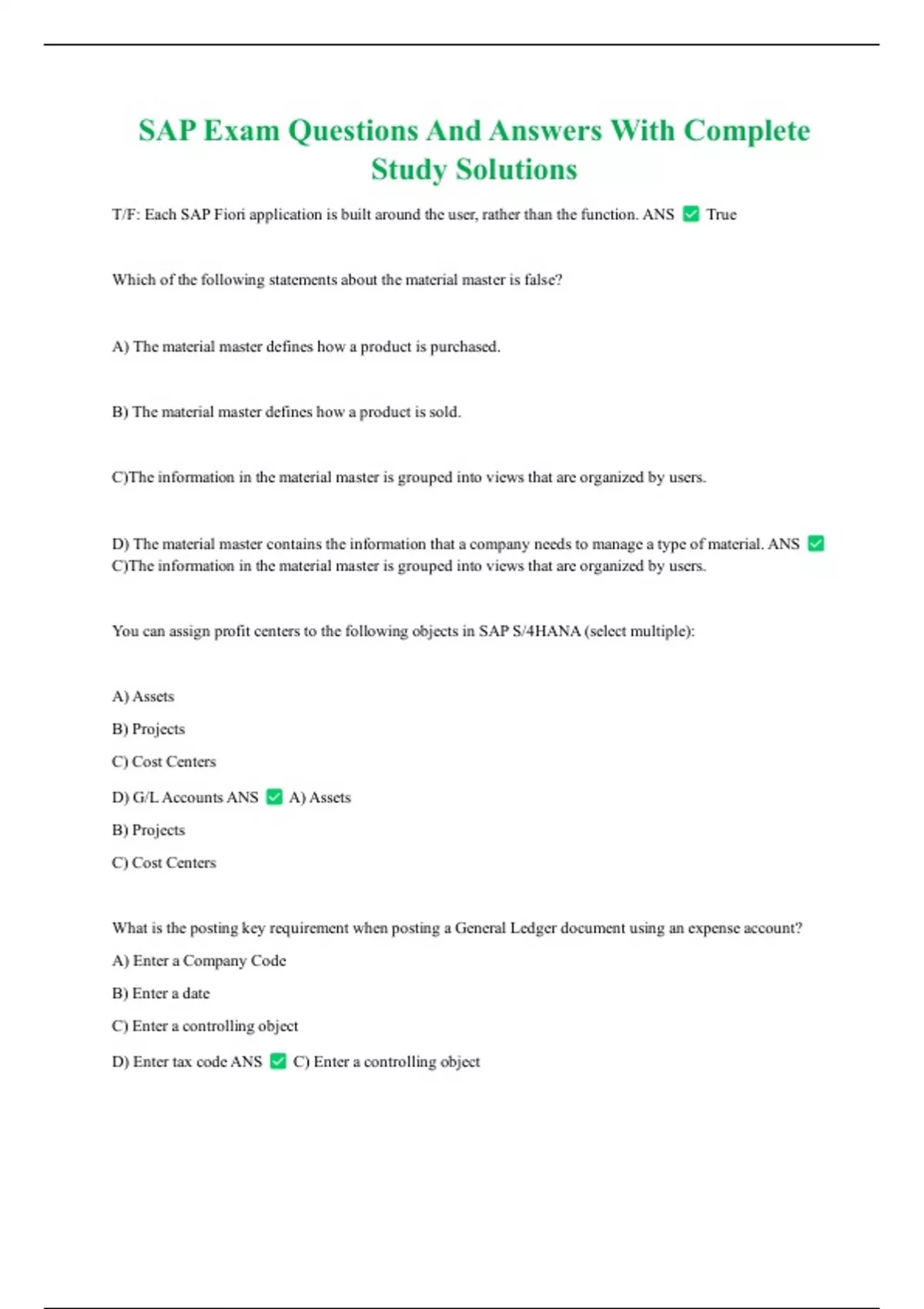 SAP Exam Questions And Answers With Complete Study Solutions - SAP ...