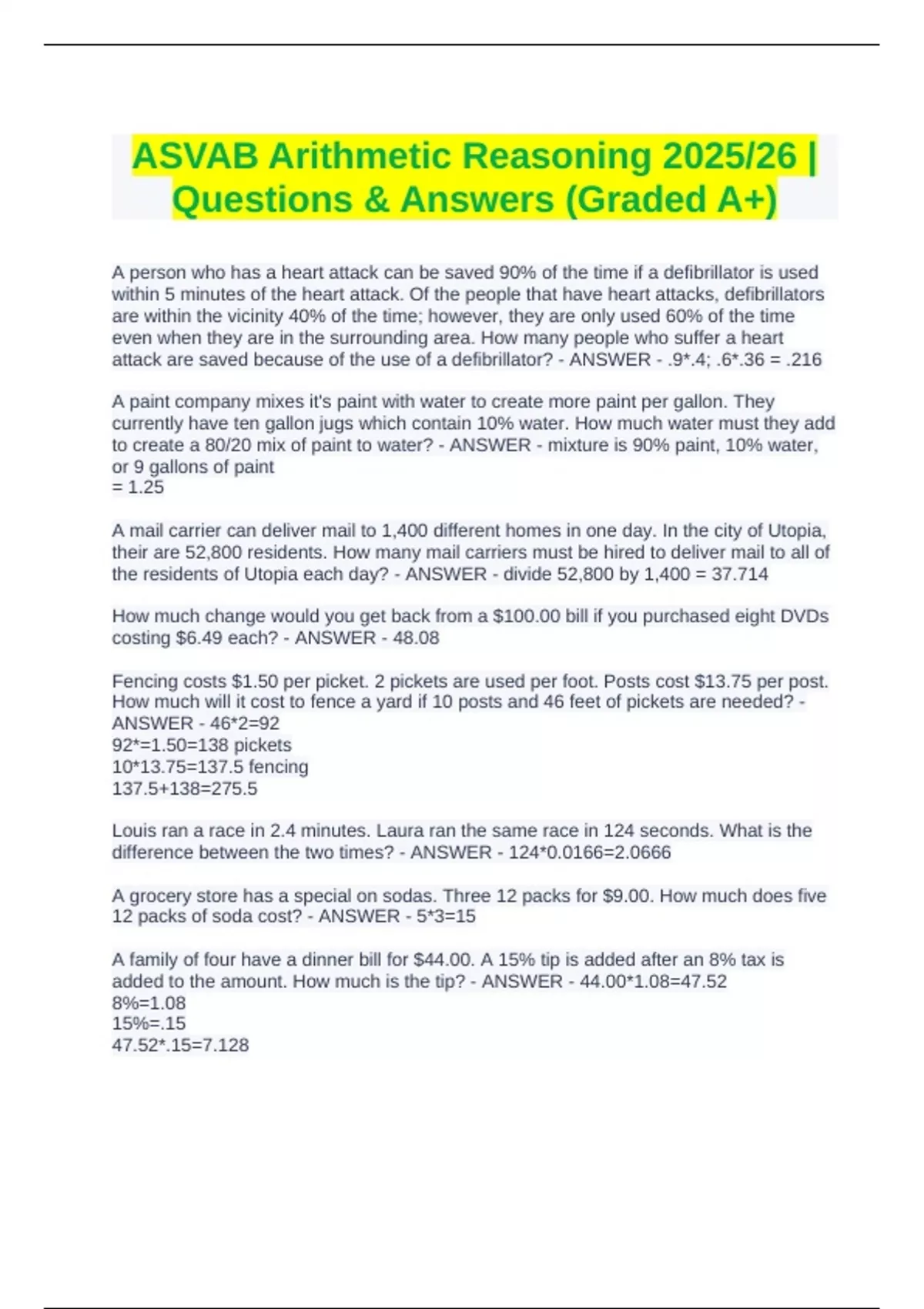 ASVAB Arithmetic Reasoning 2025/26 | Questions & Answers (Graded A+ ...