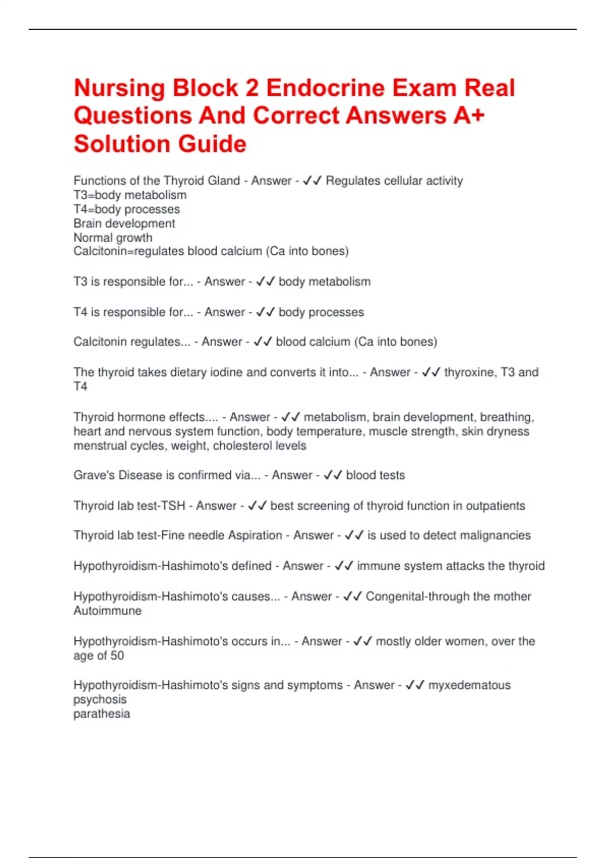 Nursing Block 2 Endocrine Exam Real Questions And Correct Answers A+ ...