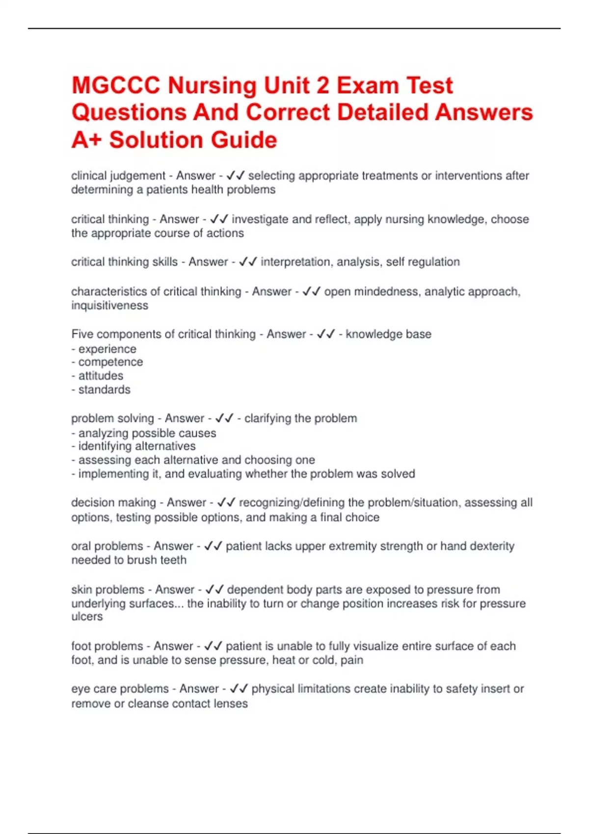 MGCCC Nursing Unit 2 Exam Test Questions And Correct Detailed Answers ...
