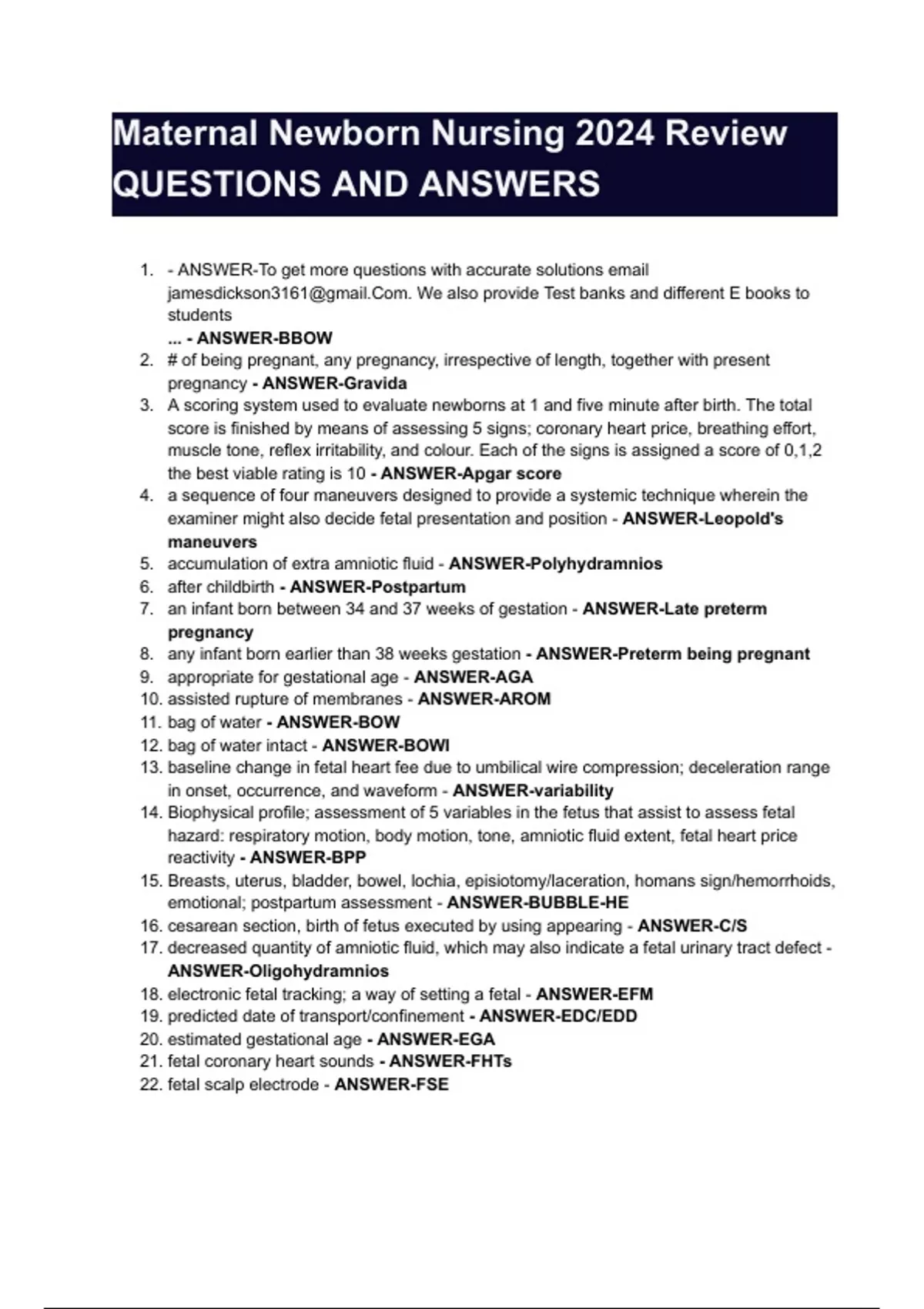 Maternal Newborn Nursing 2024 Review QUESTIONS AND ANSWERS - Maternal ...