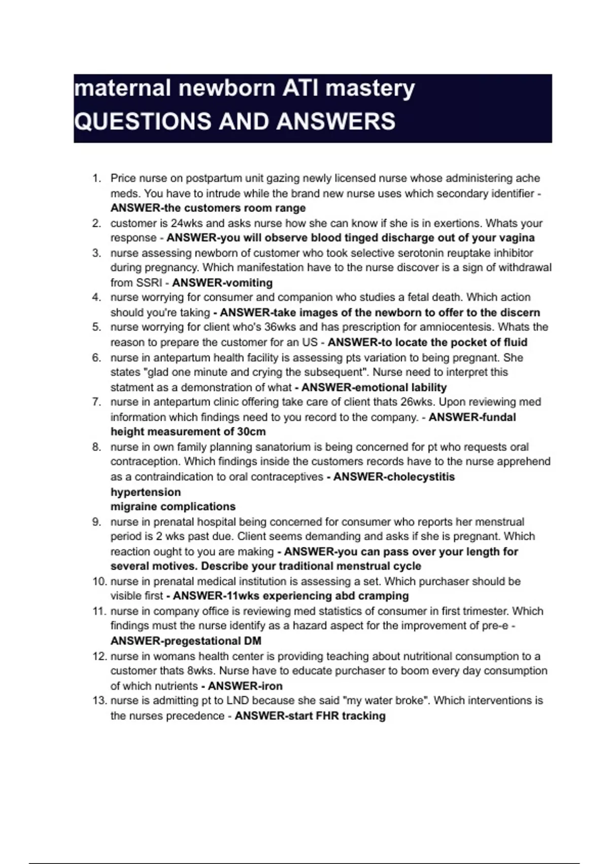 maternal newborn ATI mastery QUESTIONS AND ANSWERS - Maternity newborn ...