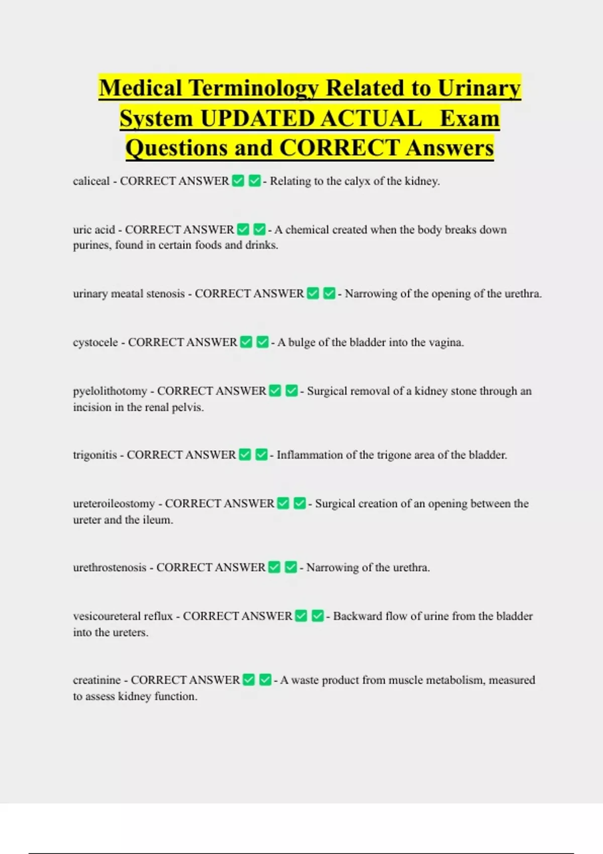 Medical Terminology Related to Urinary System UPDATED ACTUAL Exam ...