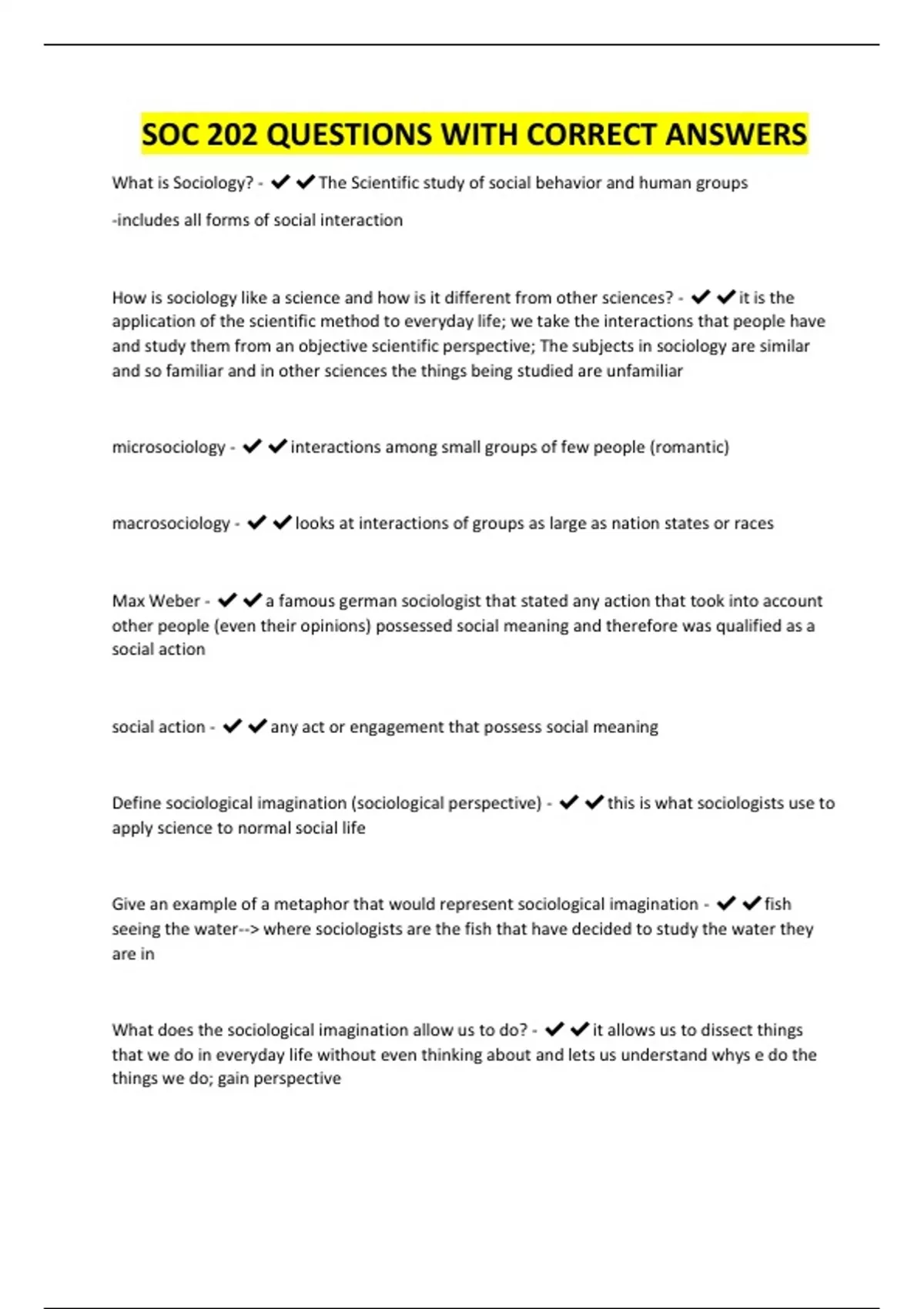 SOC 202 QUESTIONS WITH CORRECT ANSWERS - SOC 202 - Stuvia US