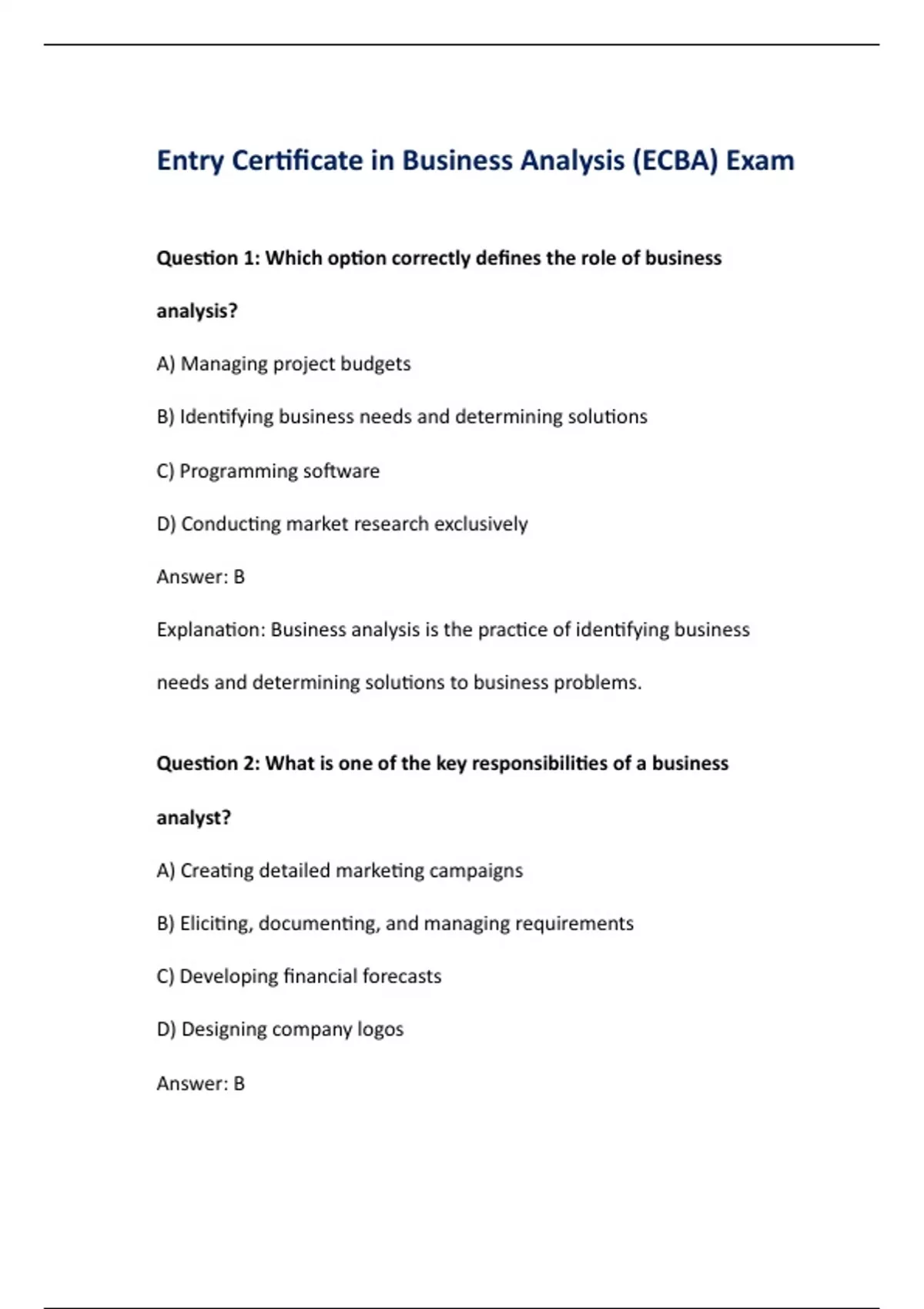 Entry Certificate in Business Analysis (ECBA) Exam - Computers - Stuvia US