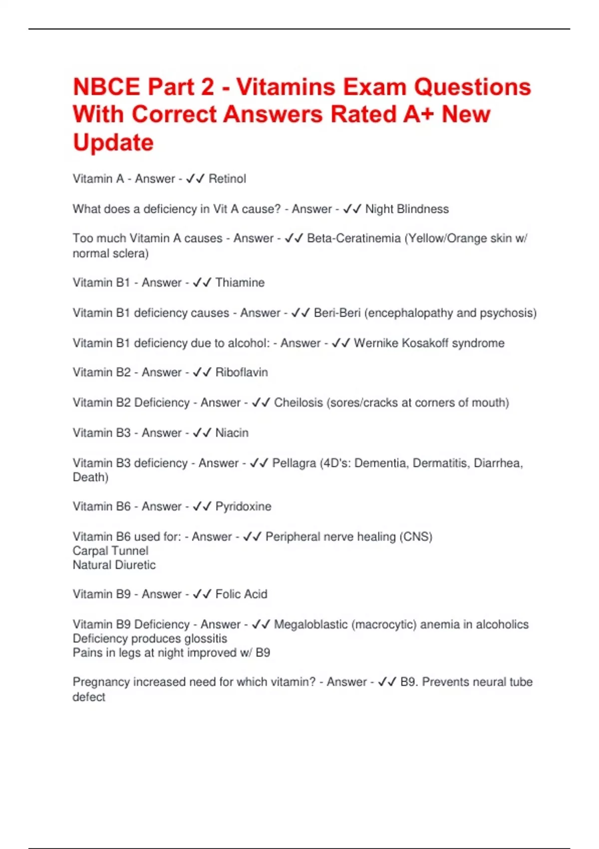 NBCE Part 2 - Vitamins Exam Questions With Correct Answers Rated A+ New ...