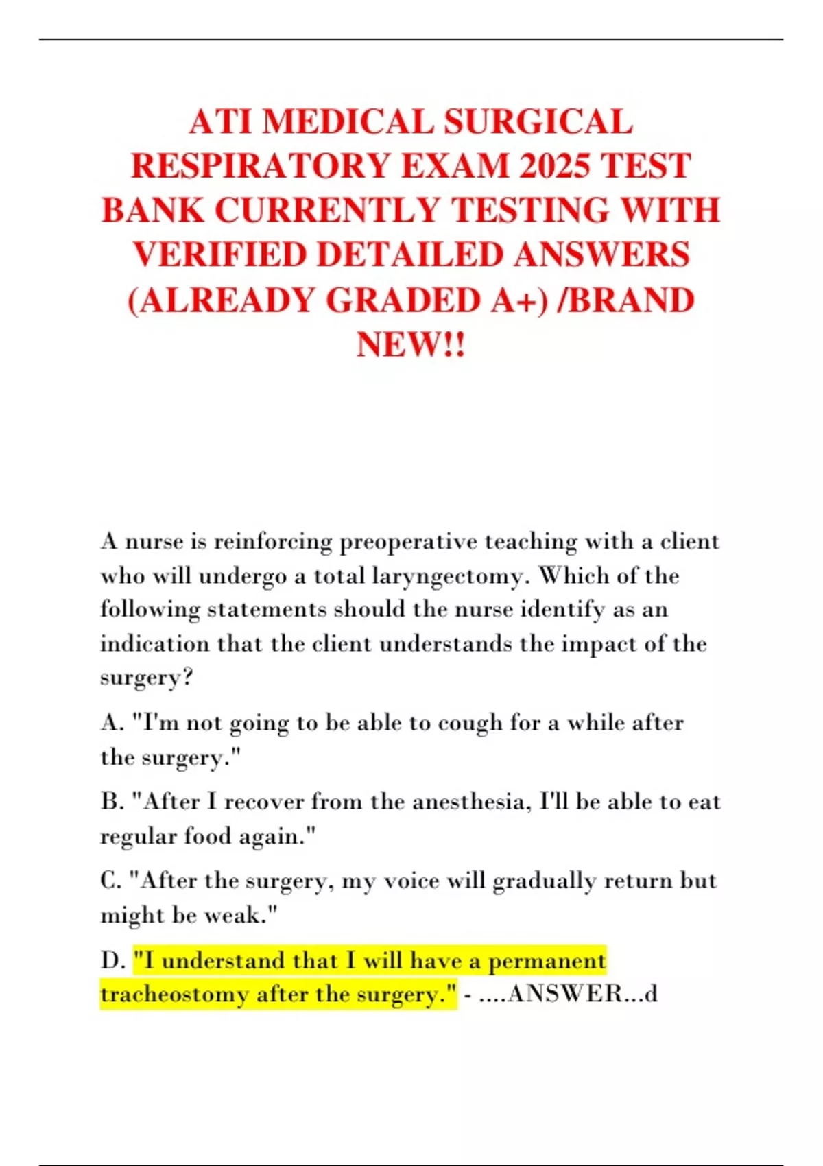 ATI MEDICAL SURGICAL RESPIRATORY EXAM 2025 TEST BANK CURRENTLY TESTING ...