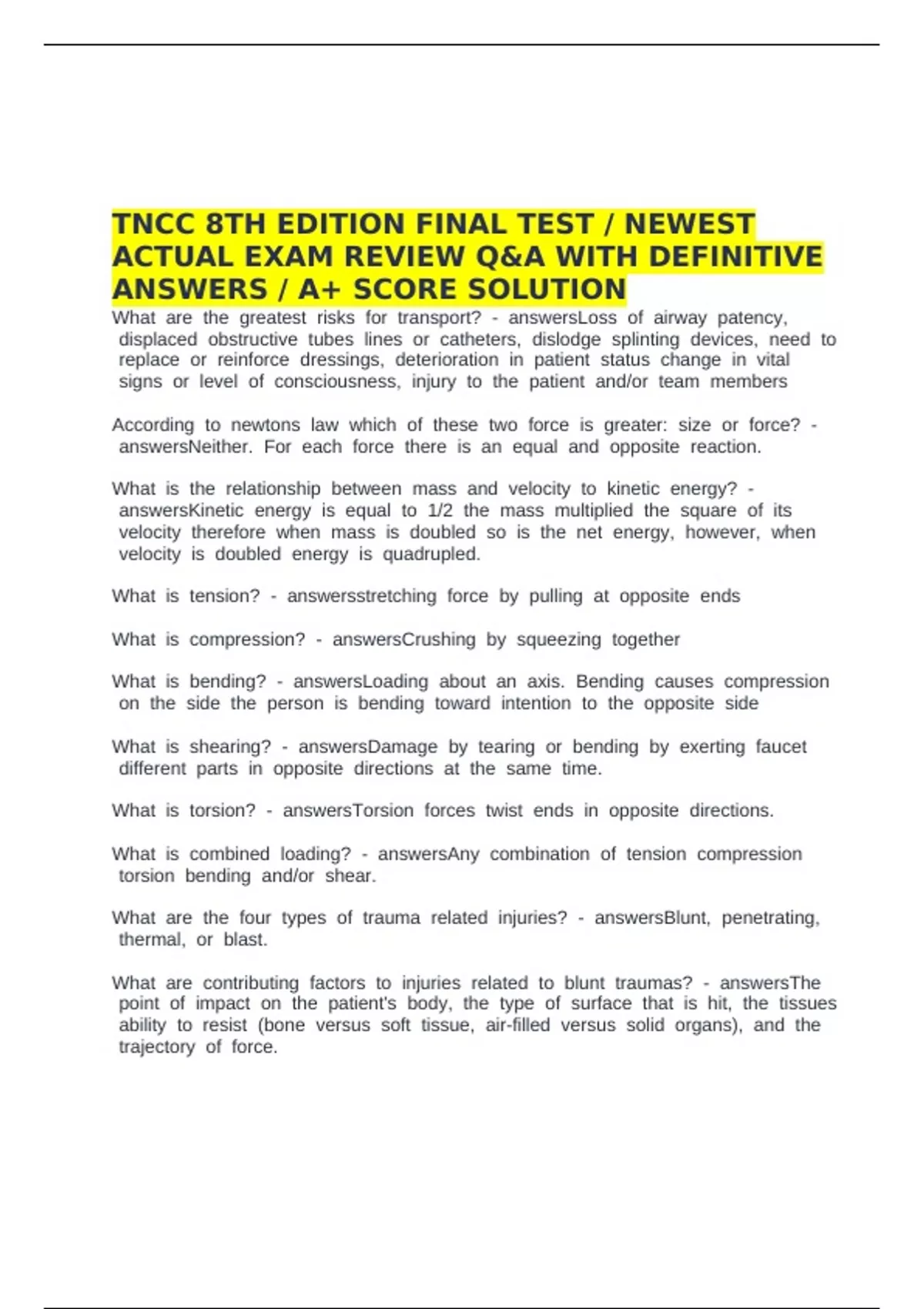 TNCC 8th Edition FINAL TEST / NEWEST ACTUAL EXAM REVIEW Q&A WITH ...