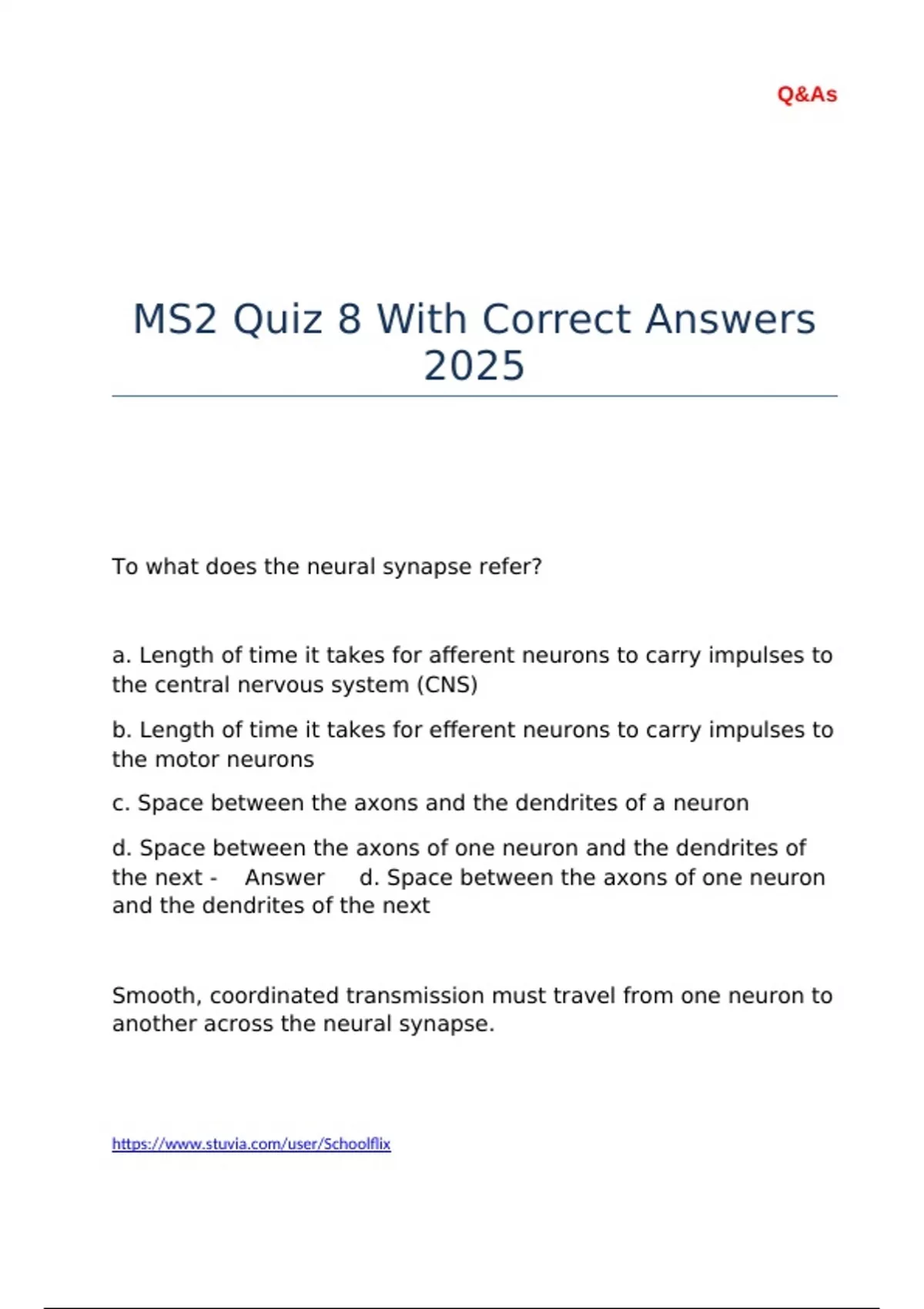 MS2 Quiz 8 With Correct Answers 2025 - MS2 - Stuvia US