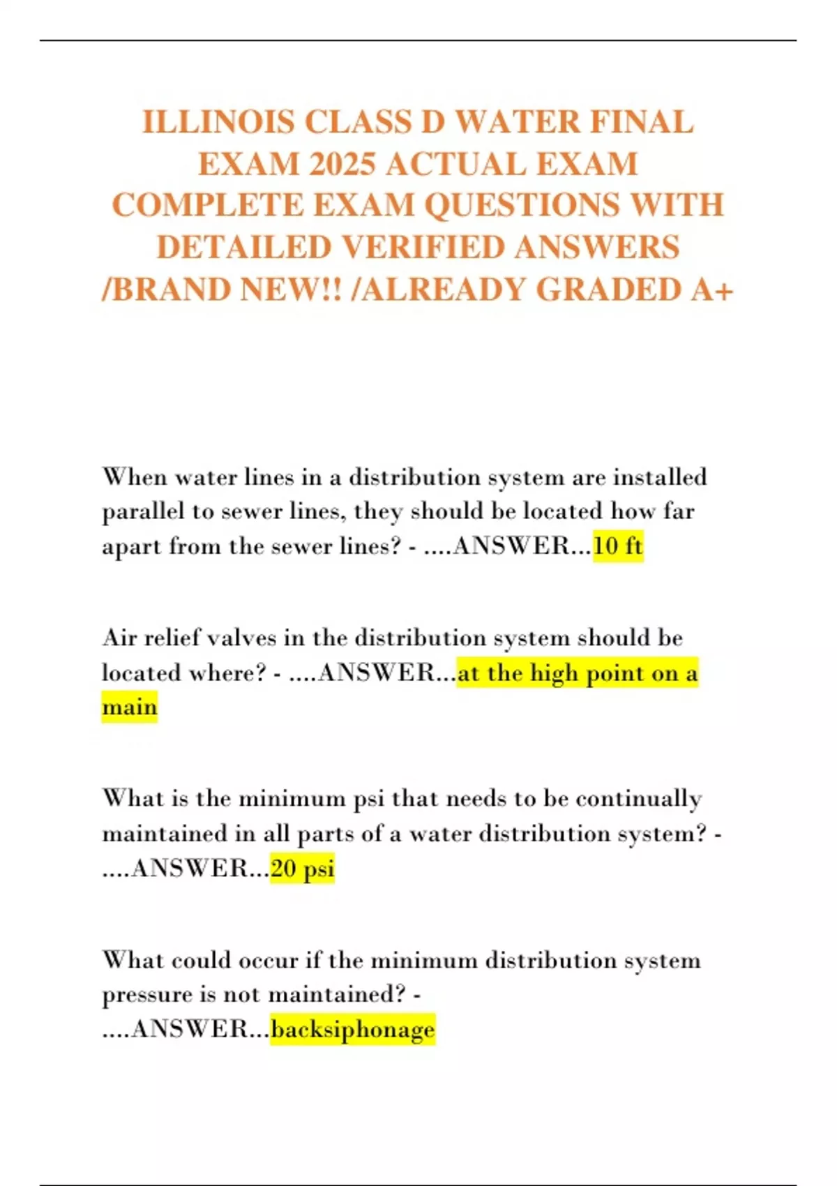 ILLINOIS CLASS D WATER FINAL EXAM 2025 ACTUAL EXAM COMPLETE EXAM ...