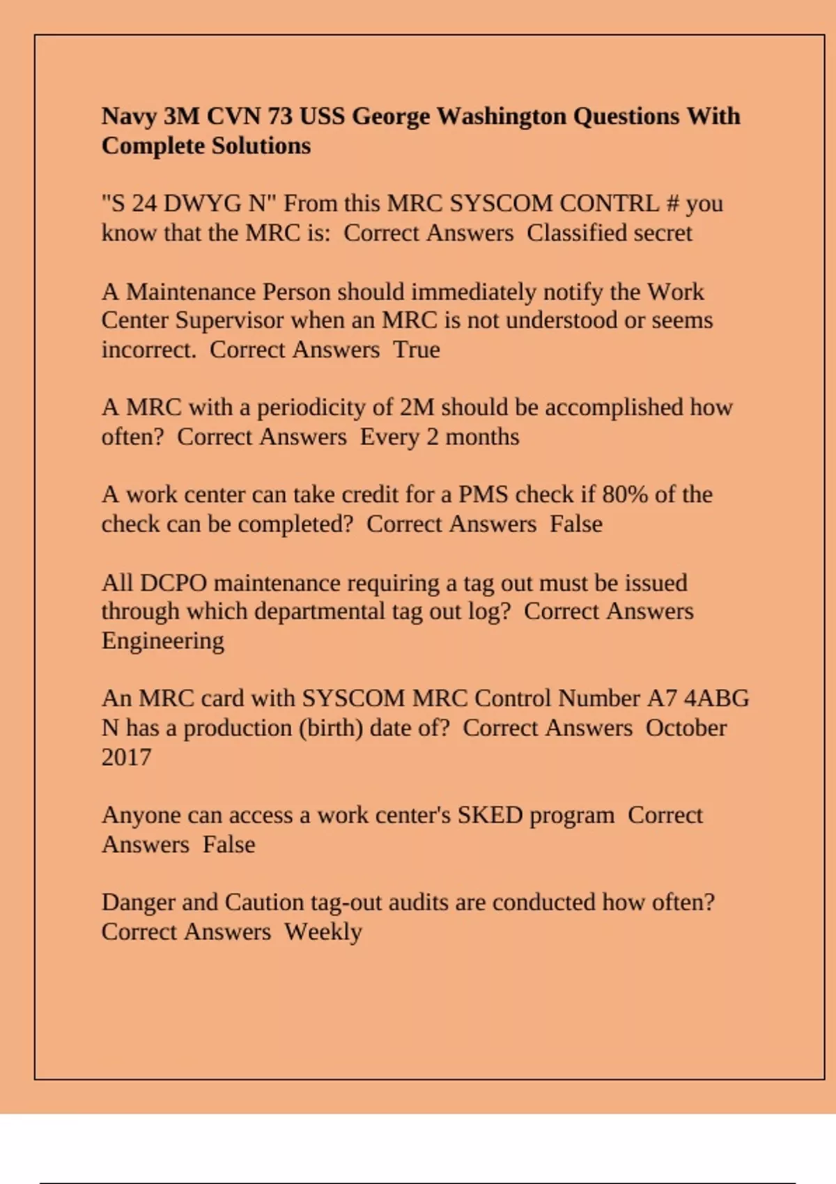 Navy 3M CVN 73 USS George Washington Questions With Complete Solutions ...