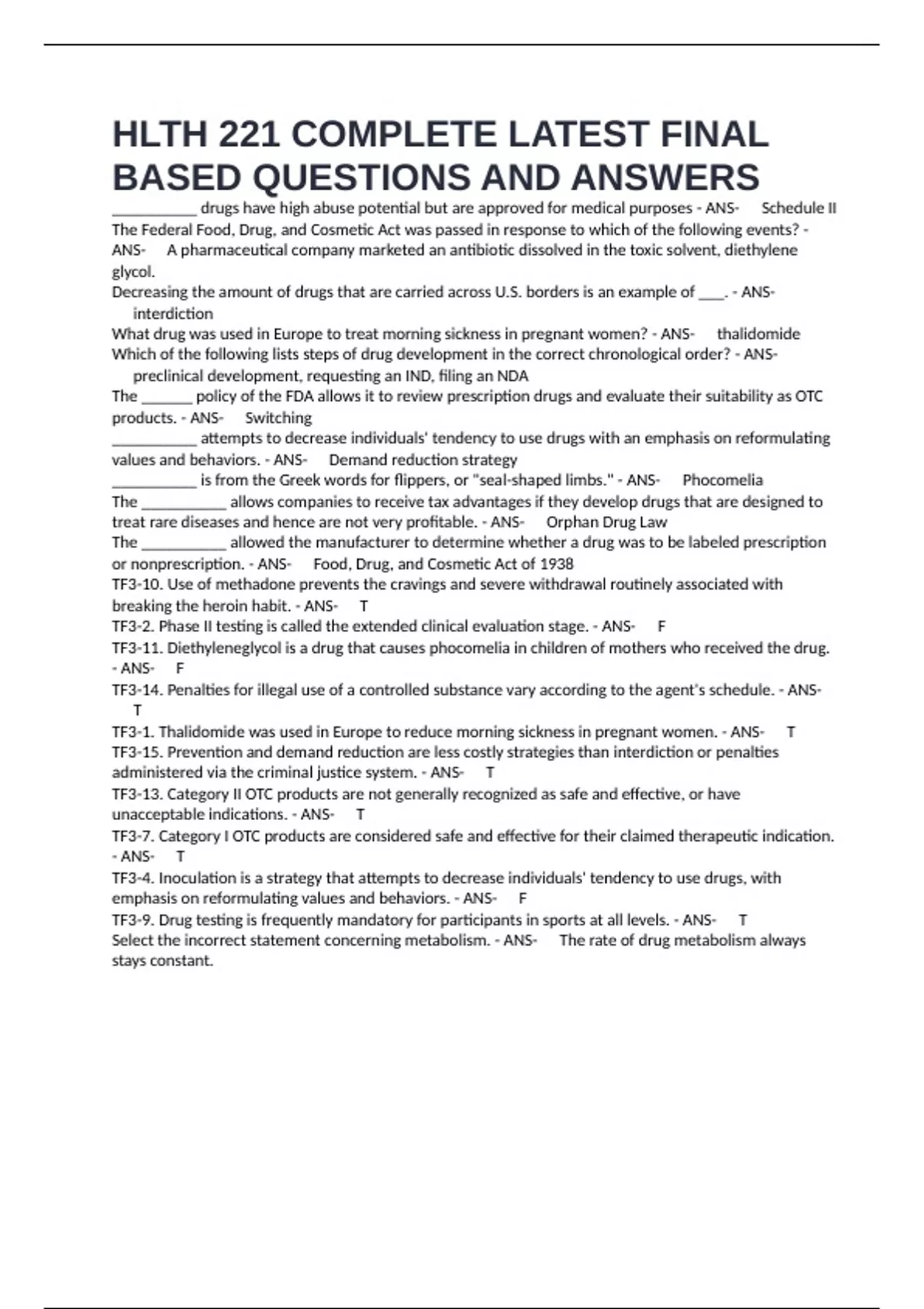 HLTH 221 COMPLETE LATEST FINAL BASED QUESTIONS AND ANSWERS - HLTH 221 ...