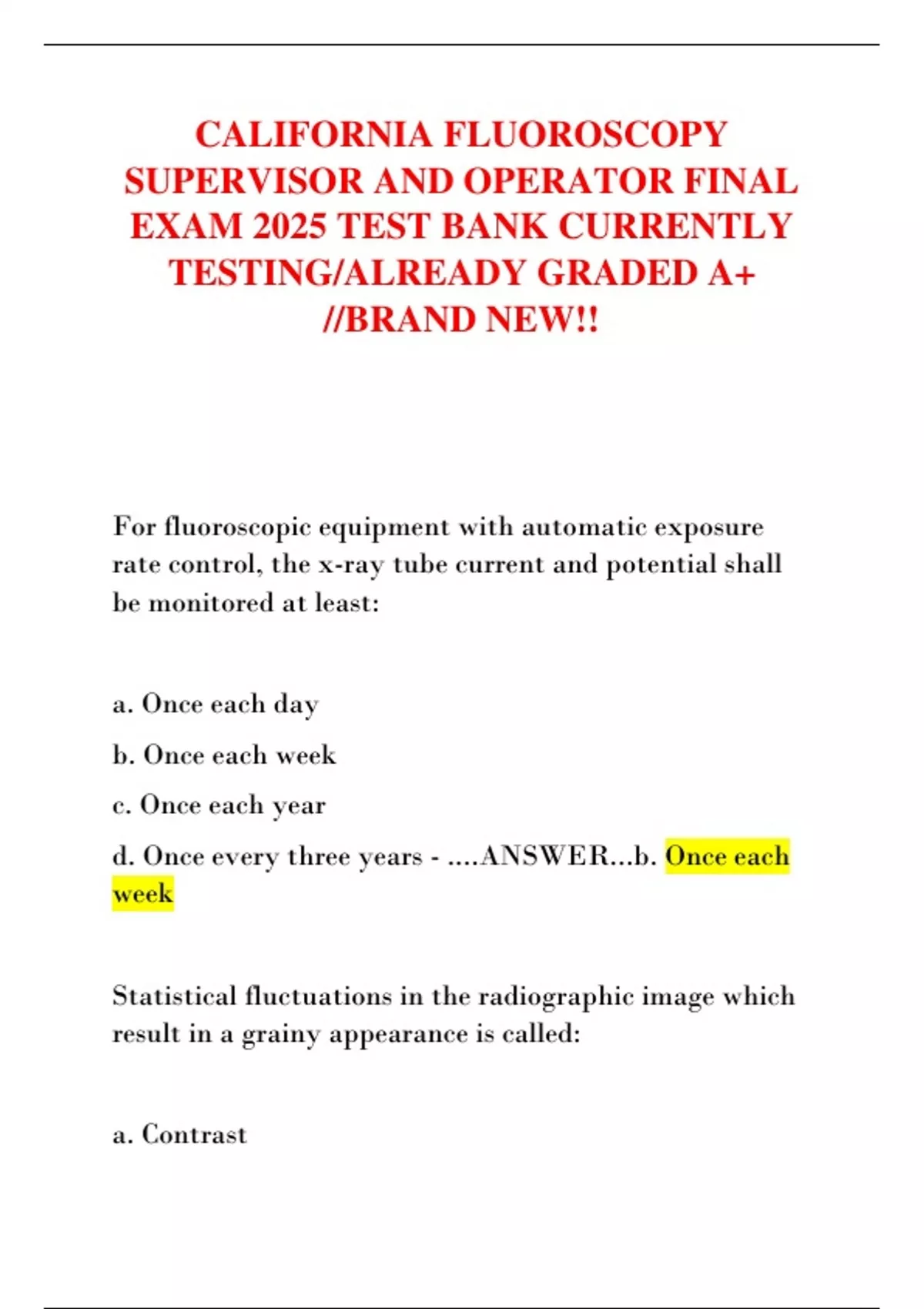 CALIFORNIA FLUOROSCOPY SUPERVISOR AND OPERATOR FINAL EXAM 2025 TEST ...