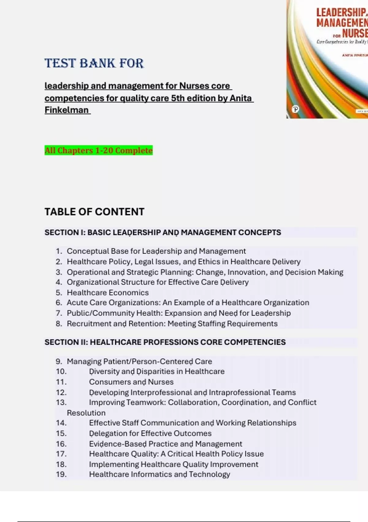 Test bank for leadership and management for Nurses core competencies ...