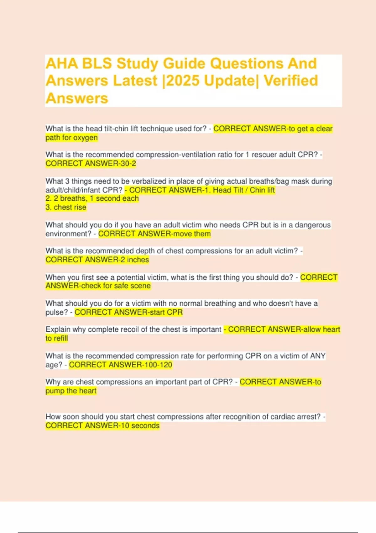 AHA BLS Study Guide Questions And Answers Latest |2025 Update| Verified ...