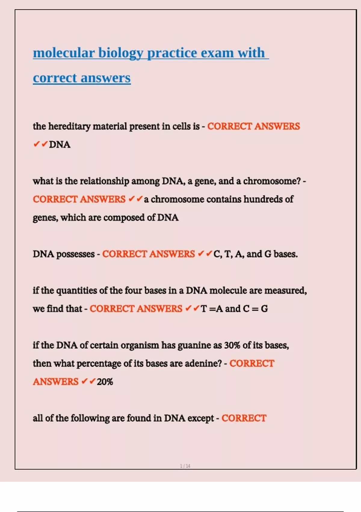 molecular biology practice exam with correct answers - Molecular ...