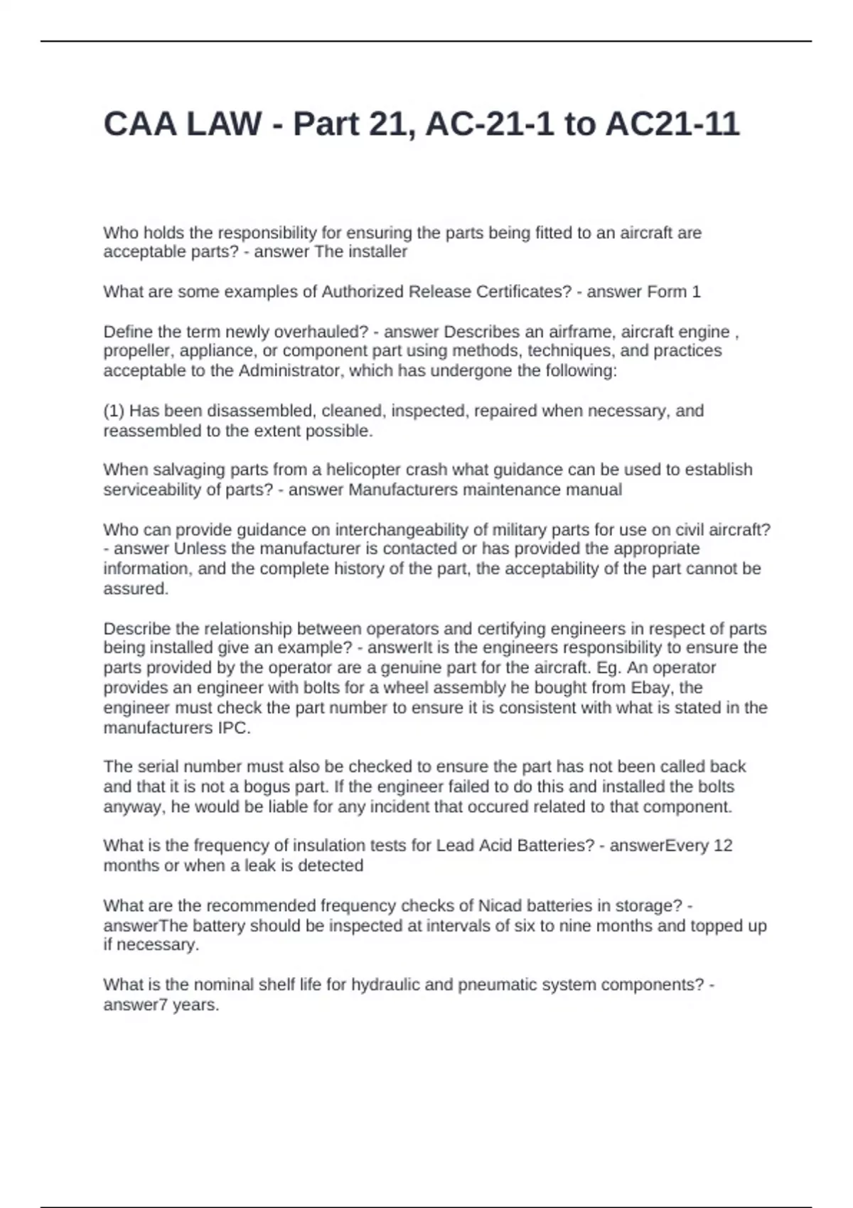 CAA LAW - Part 21, AC-21-1 to AC21-11 Questions and Answers Graded A+ ...