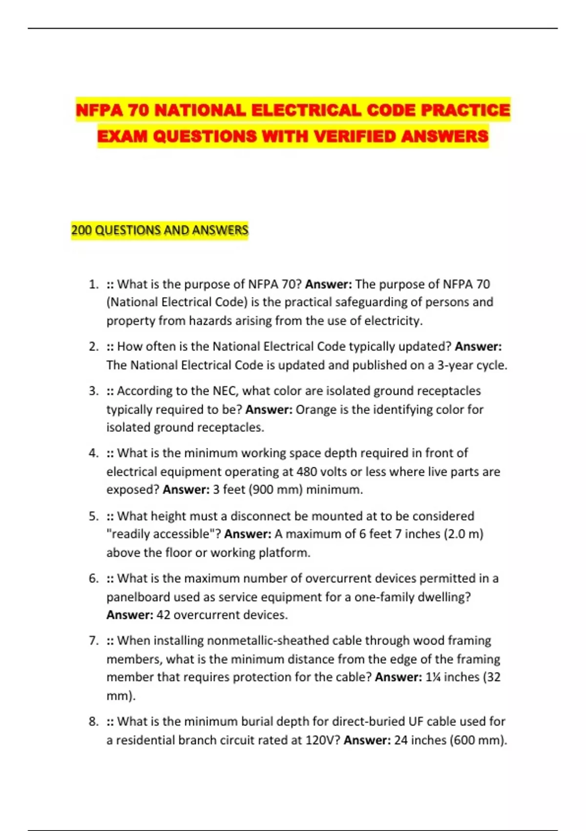 NFPA 70 NATIONAL ELECTRICAL CODE PRACTICE EXAM QUESTIONS WITH VERIFIED ANSWERS - NFPA 70 ...