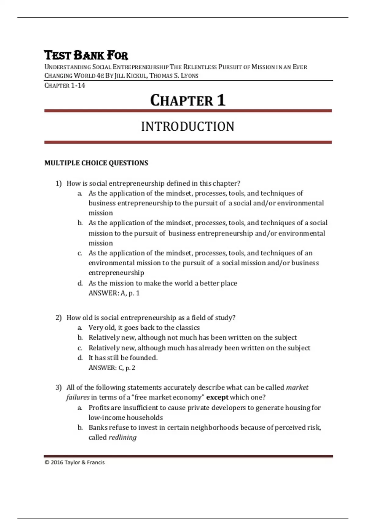 Test Bank for Understanding Social Entrepreneurship The Relentless ...