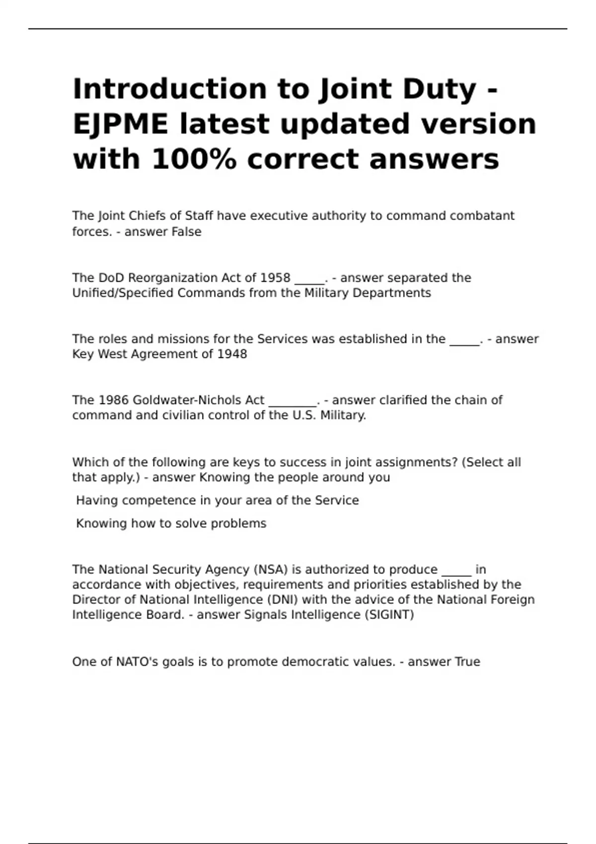 Introduction to Joint Duty - EJPME latest updated version with 100 ...