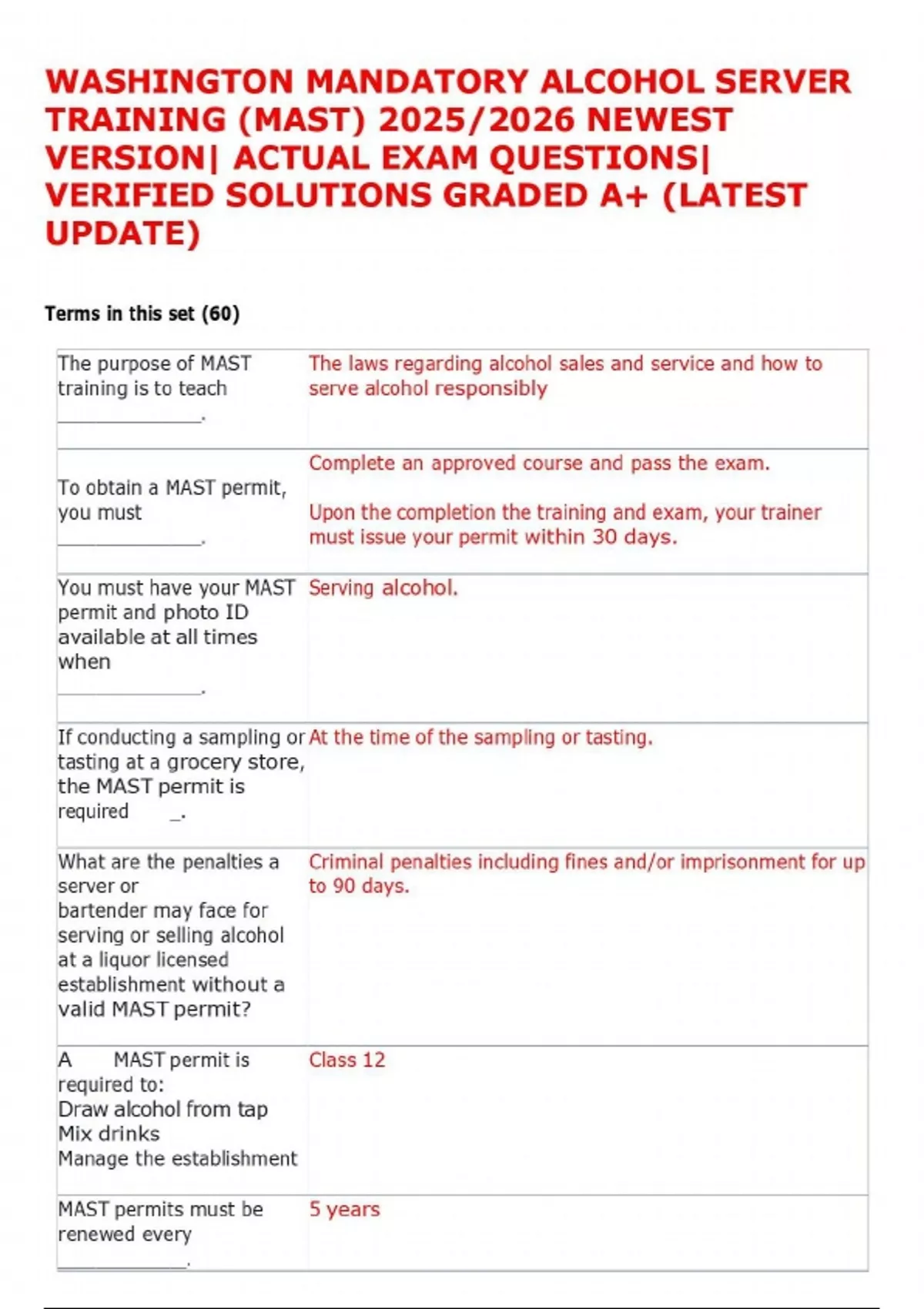 WASHINGTON MANDATORY ALCOHOL SERVER TRAINING (MAST) 2025/2026 NEWEST ...
