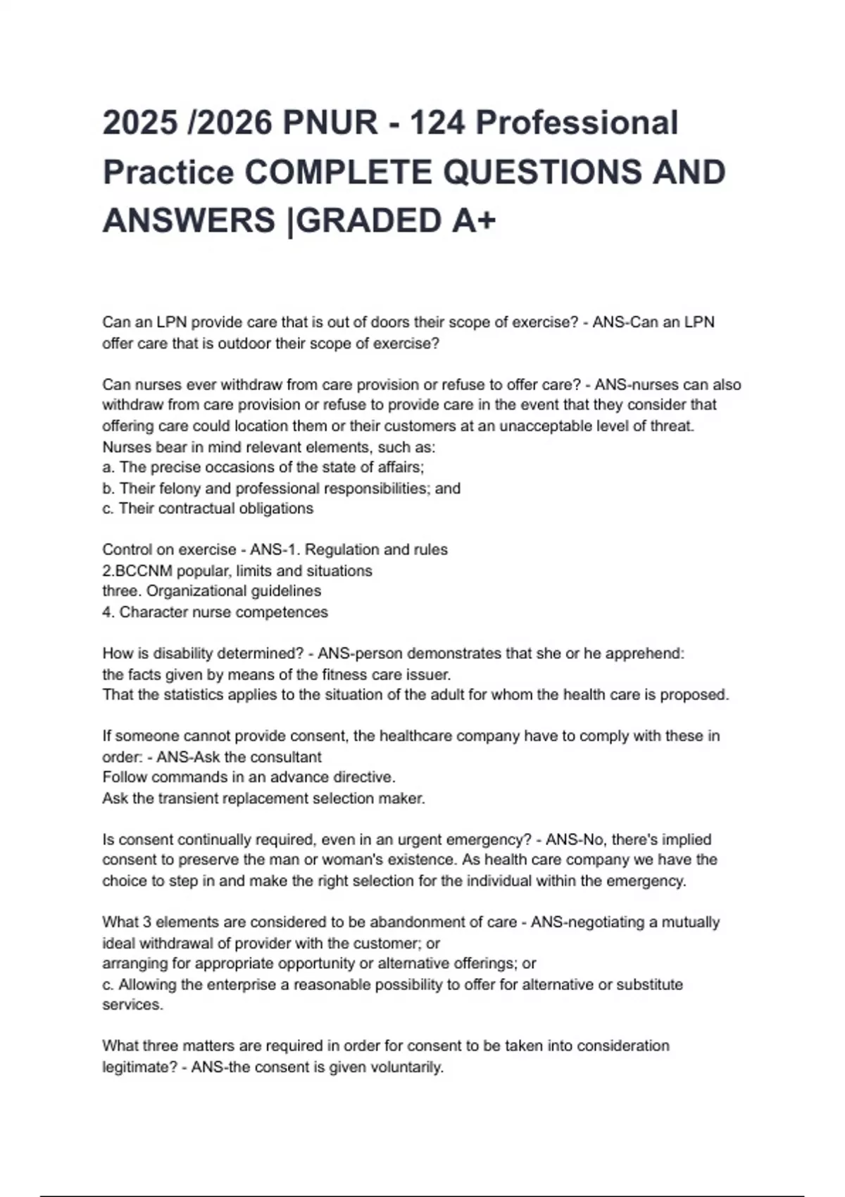 PNUR 124 - Professional Exams NEWEST 2025/2026 ACTUAL EXAM COMPLETE ...