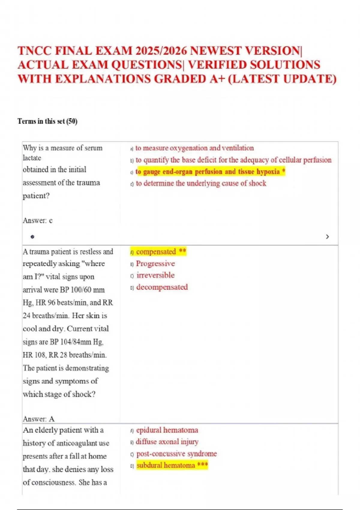 TNCC FINAL EXAM 2025/2026 NEWEST VERSION| ACTUAL EXAM QUESTIONS ...