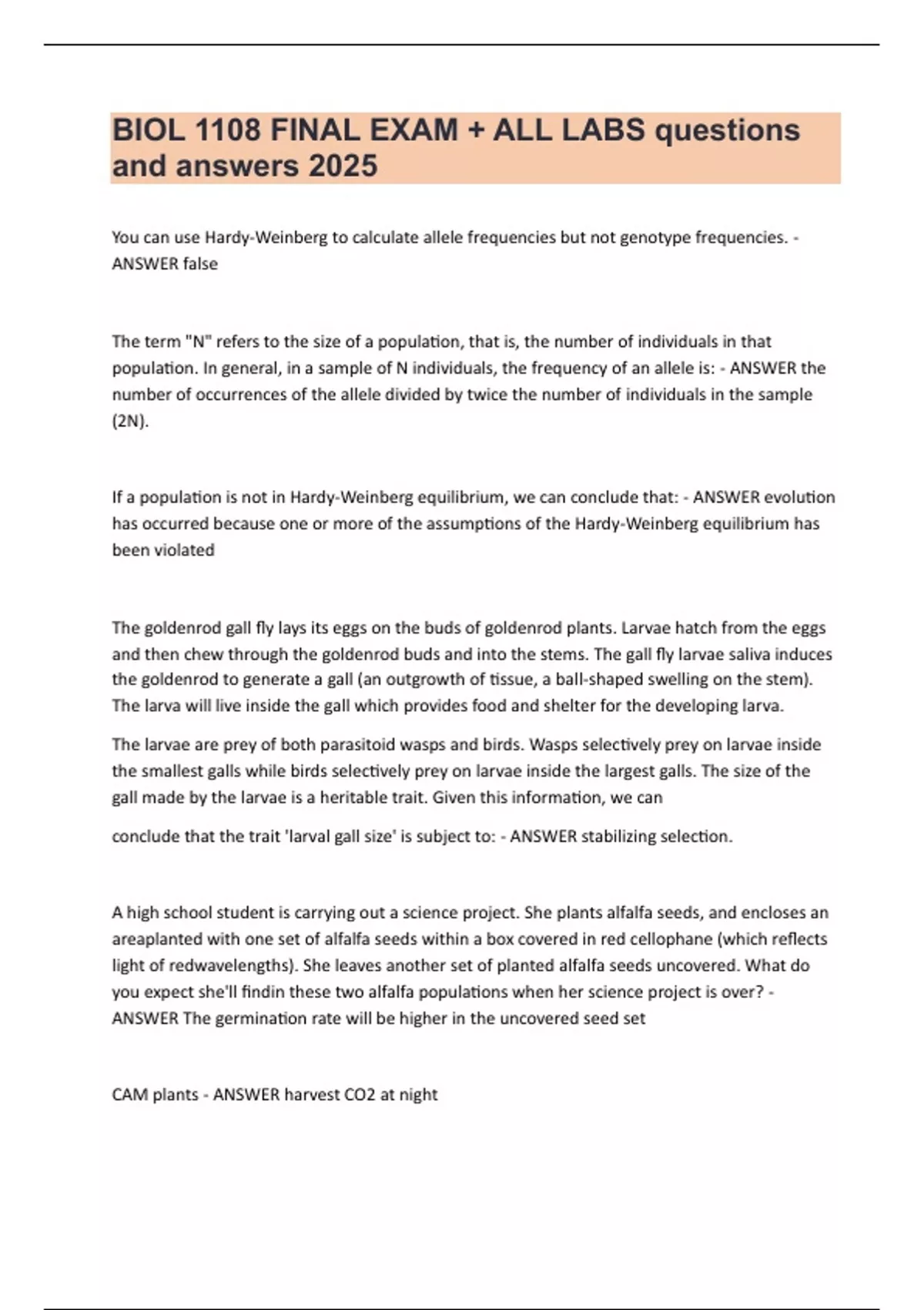 BIOL 1108 FINAL EXAM + ALL LABS questions and answers 2025 - BIOL 1108 - Stuvia US