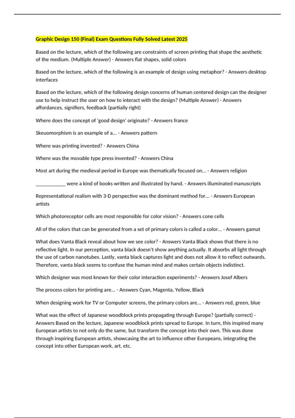 Graphic Design 150 (Final) Exam Questions Fully Solved Latest 2025 ...