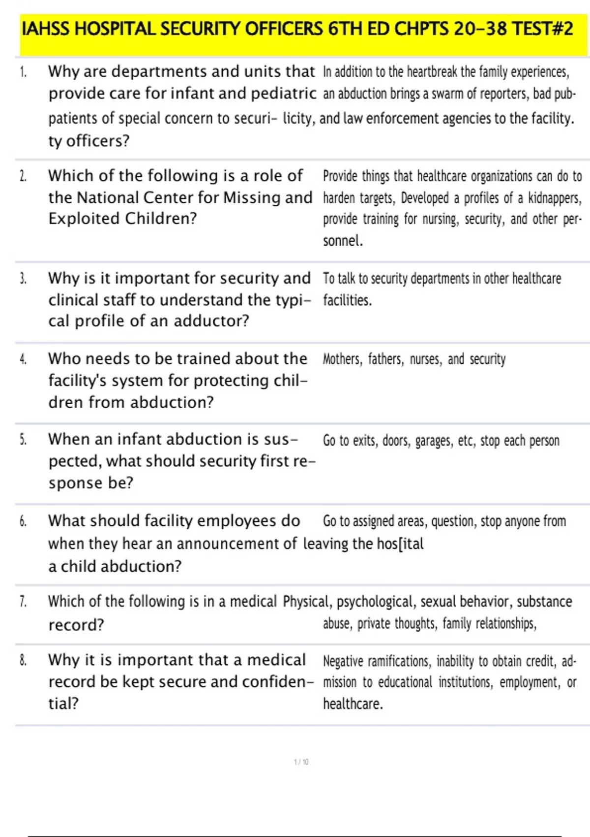 IAHSS HOSPITAL SECURITY OFFICERS 6TH ED CHPTS 20-38 TEST#2 QUESTIONS ...