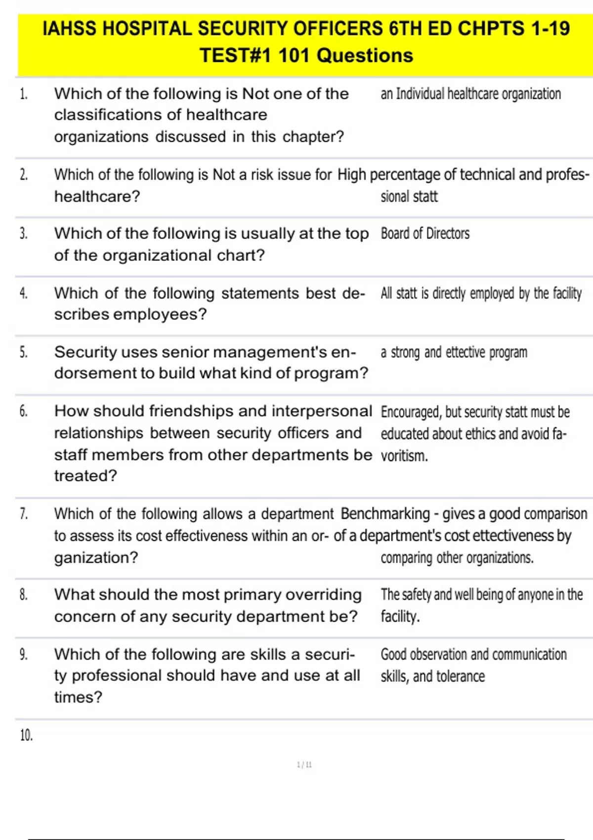 IAHSS HOSPITAL SECURITY OFFICERS 6TH ED CHPTS 1-19 TEST#1 101 QUESTIONS ...