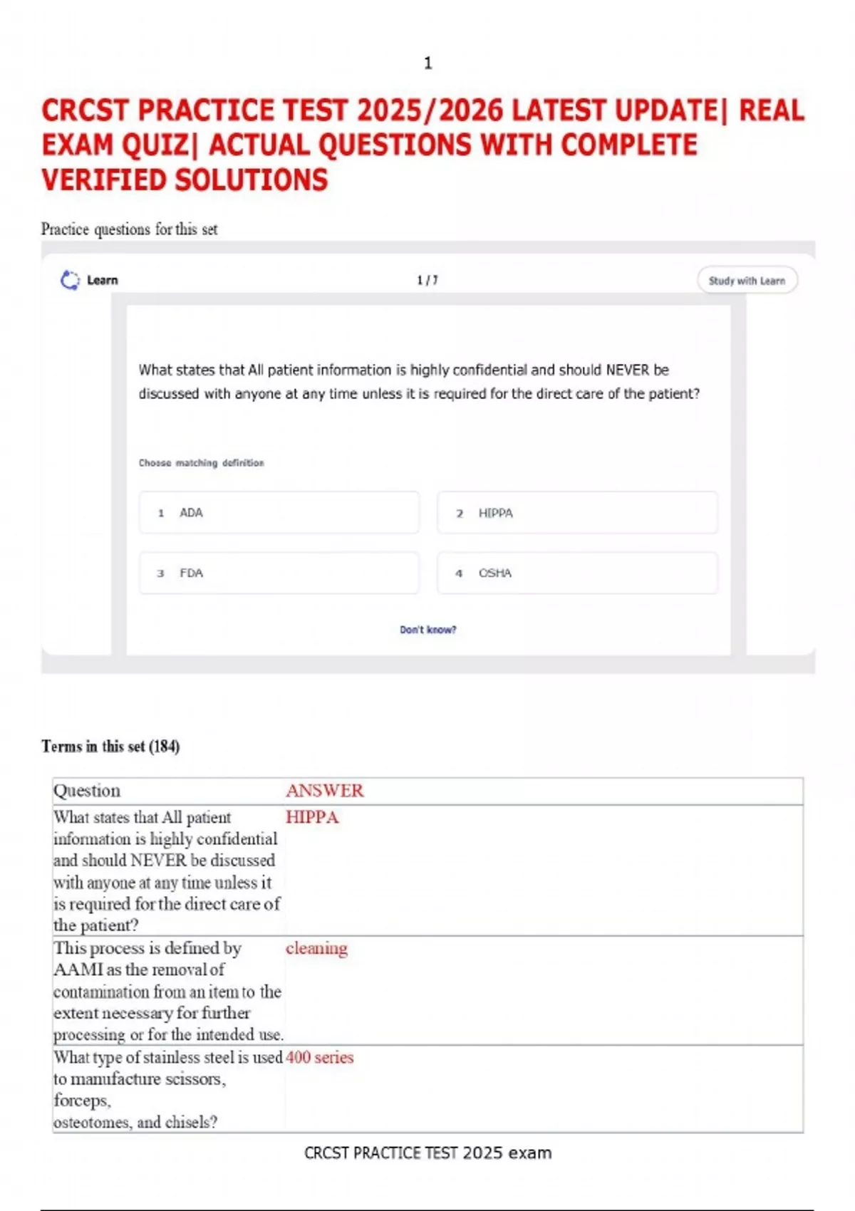CRCST PRACTICE TEST 2025/2026 LATEST UPDATE| REAL EXAM QUIZ| ACTUAL ...