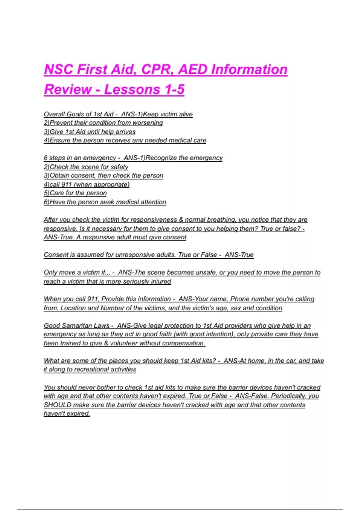 NSC First Aid, CPR, AED Information Review - Lessons 1-5 Exam Questions with correct Answers ...