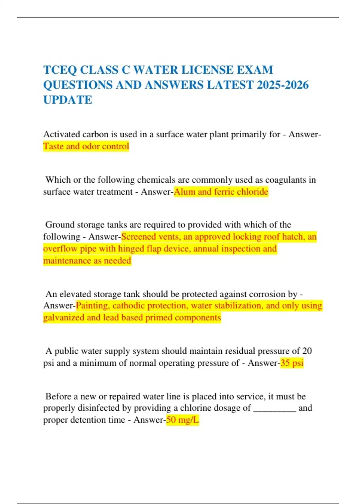 TCEQ CLASS C WATER LICENSE EXAM QUESTIONS AND ANSWERS LATEST UPDATE ...