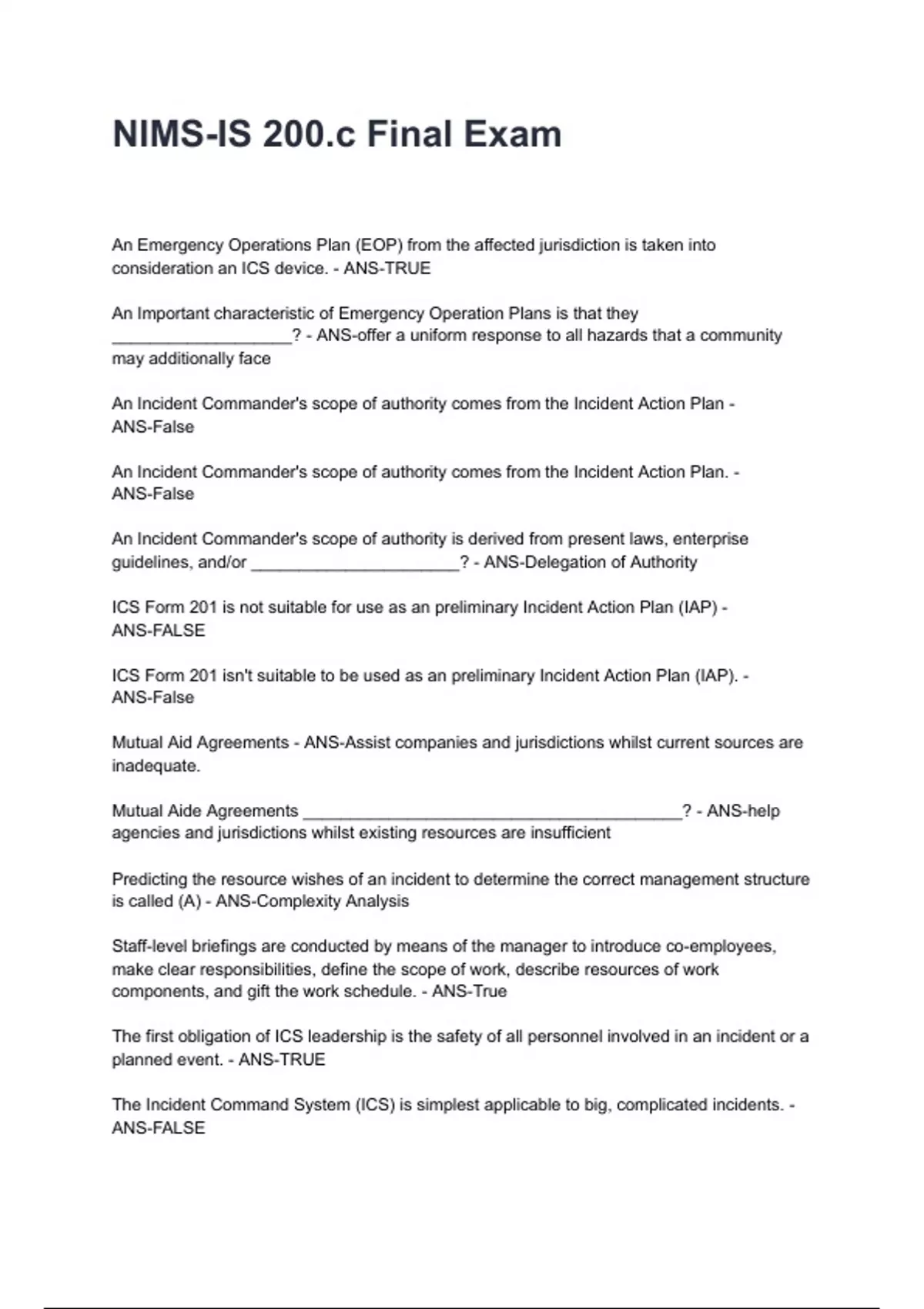 NIMS-IS 200.c Final Exam NEWEST 2025/2026 ACTUAL EXAM COMPLETE ...