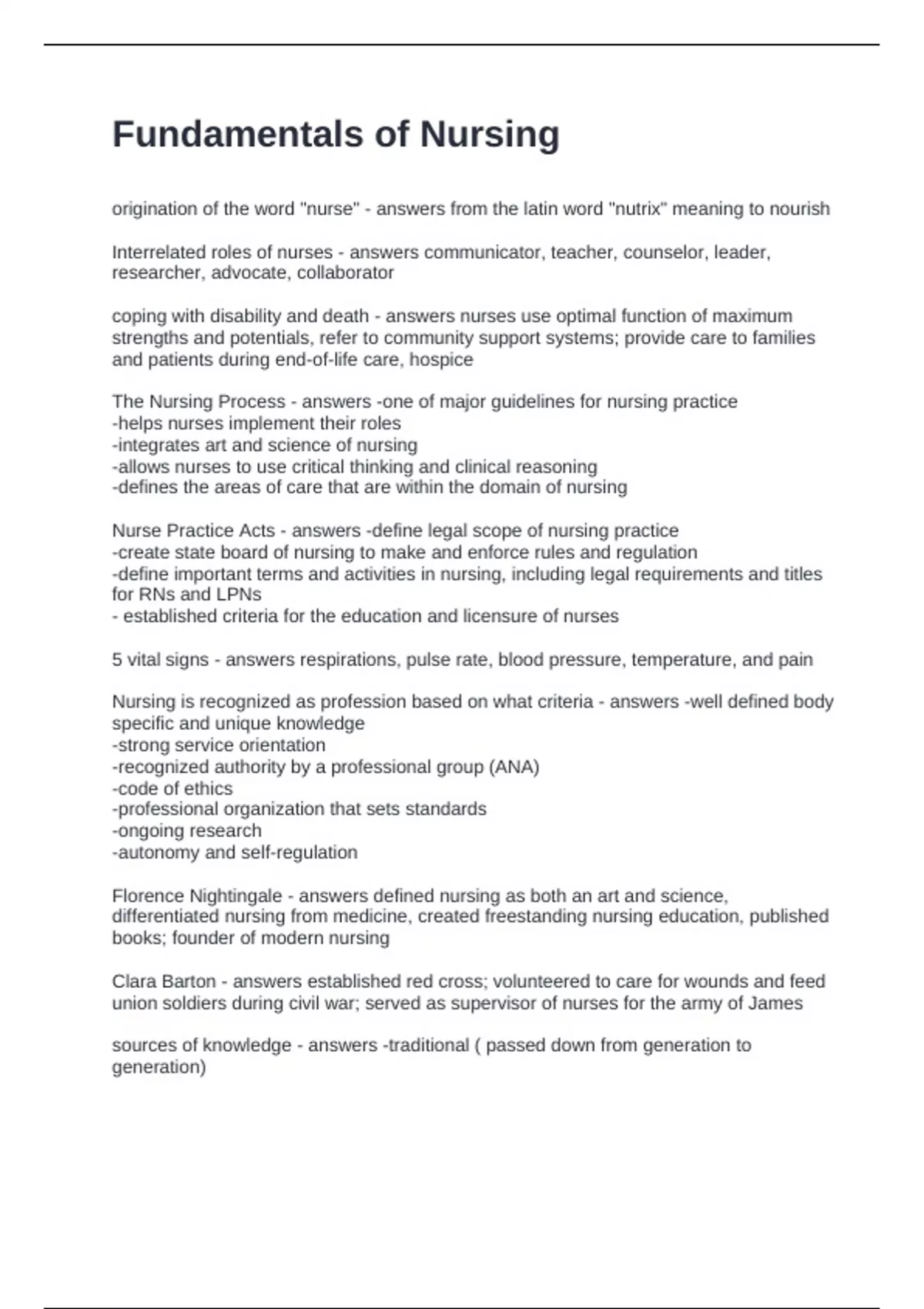 Fundamentals of Nursing questions and answers - Medical - Stuvia US