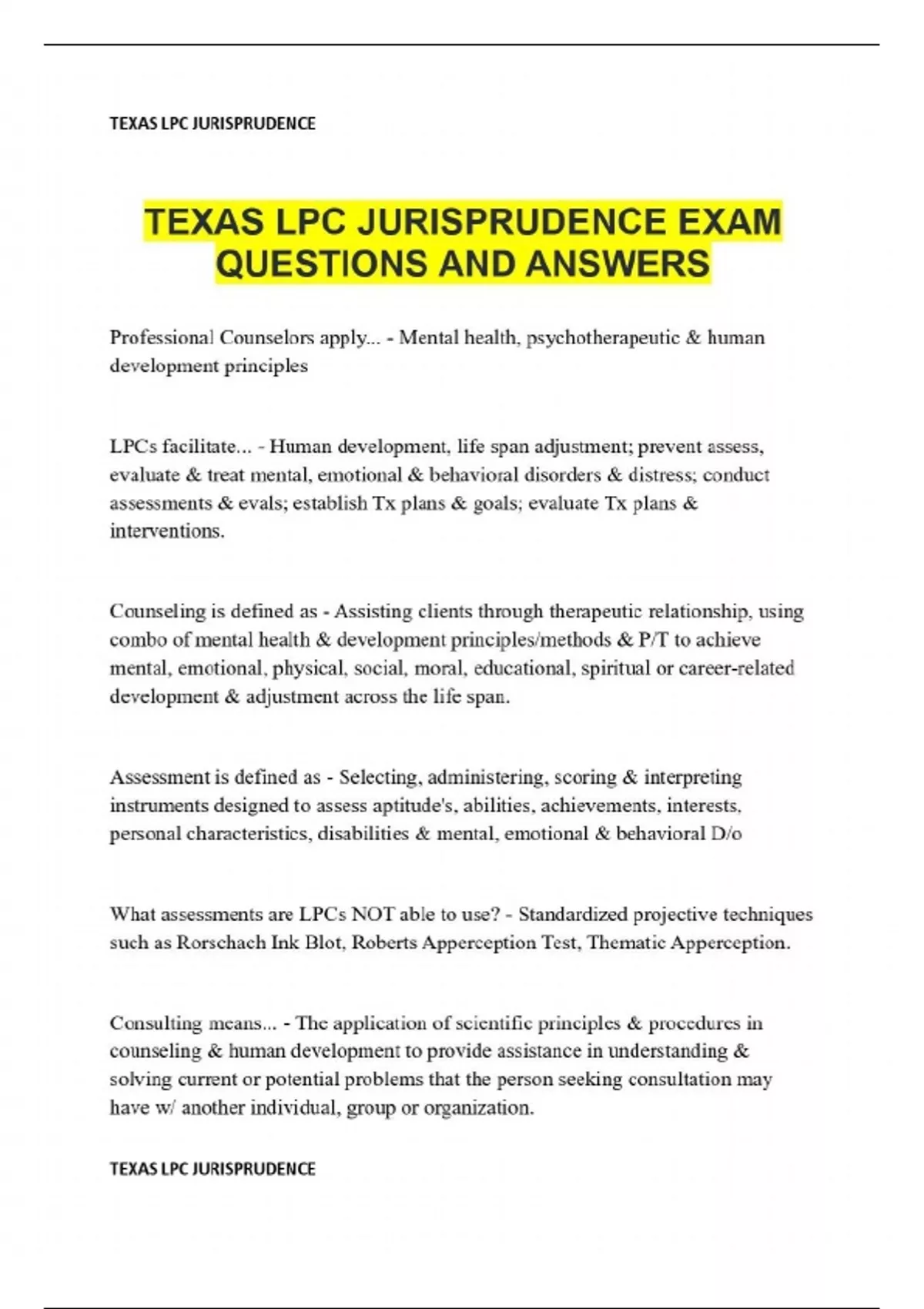 TEXAS LPC JURISPRUDENCE EXAM QUESTIONS - TEXAS LPC JURISPRUDENCE ...