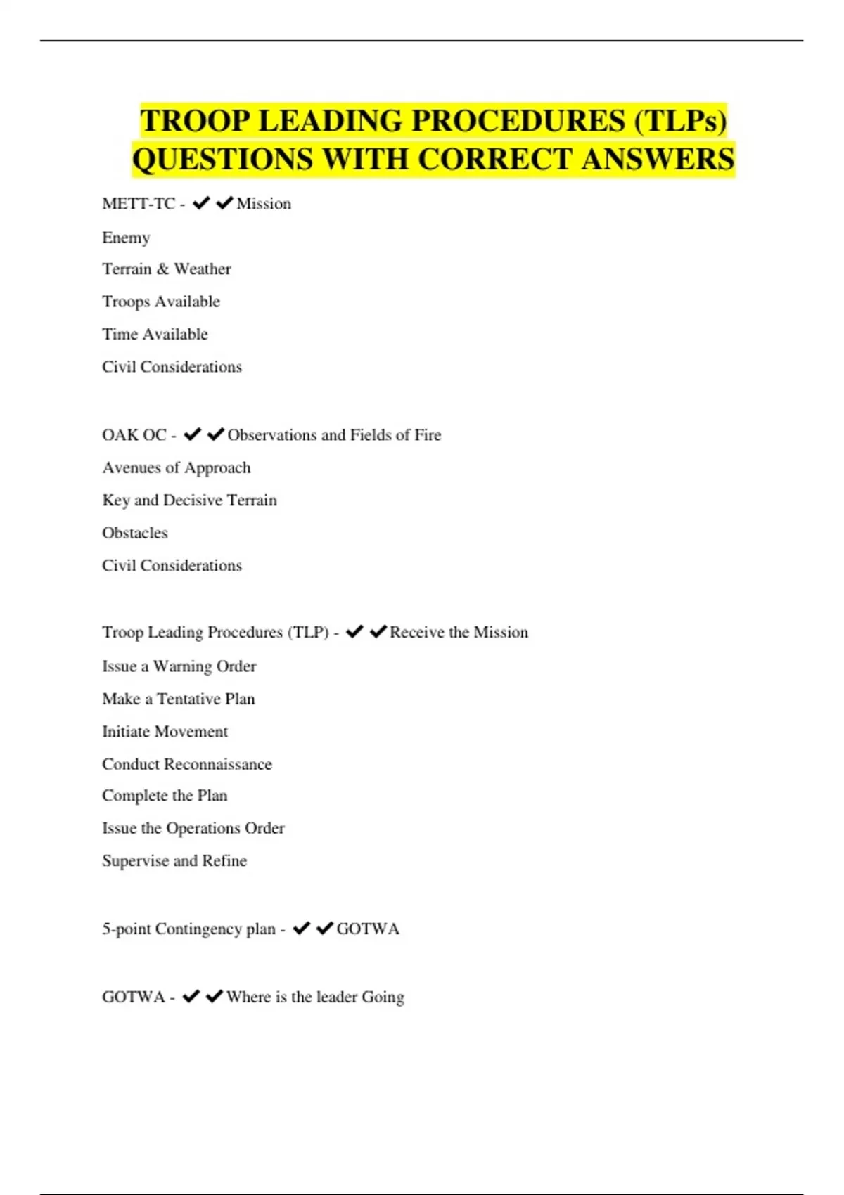 BUNDLE OF TROOP LEADING PROCEDURES (TLPs)EXAMS | QUESTIONS WITH CORRECT ...