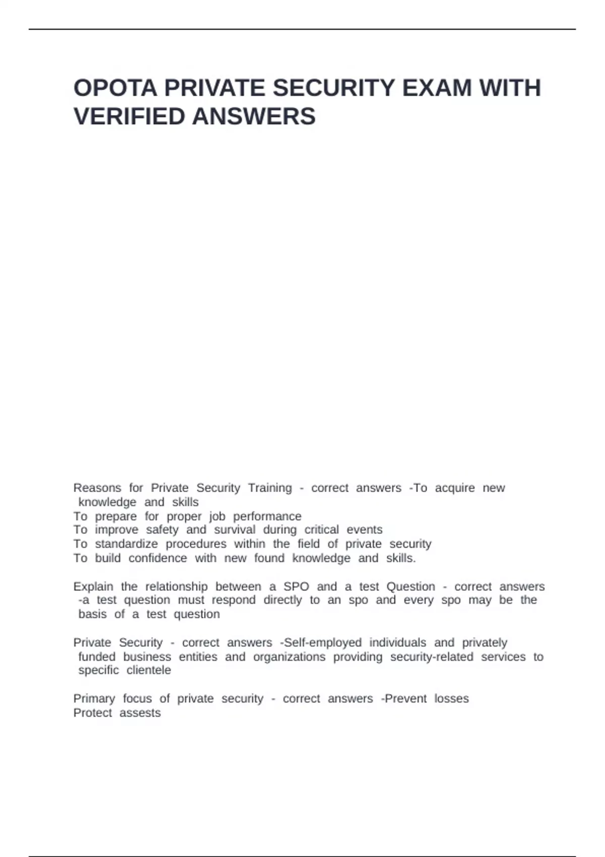 OPOTA PRIVATE SECURITY EXAM WITH VERIFIED ANSWERS - OPOTA - Stuvia US