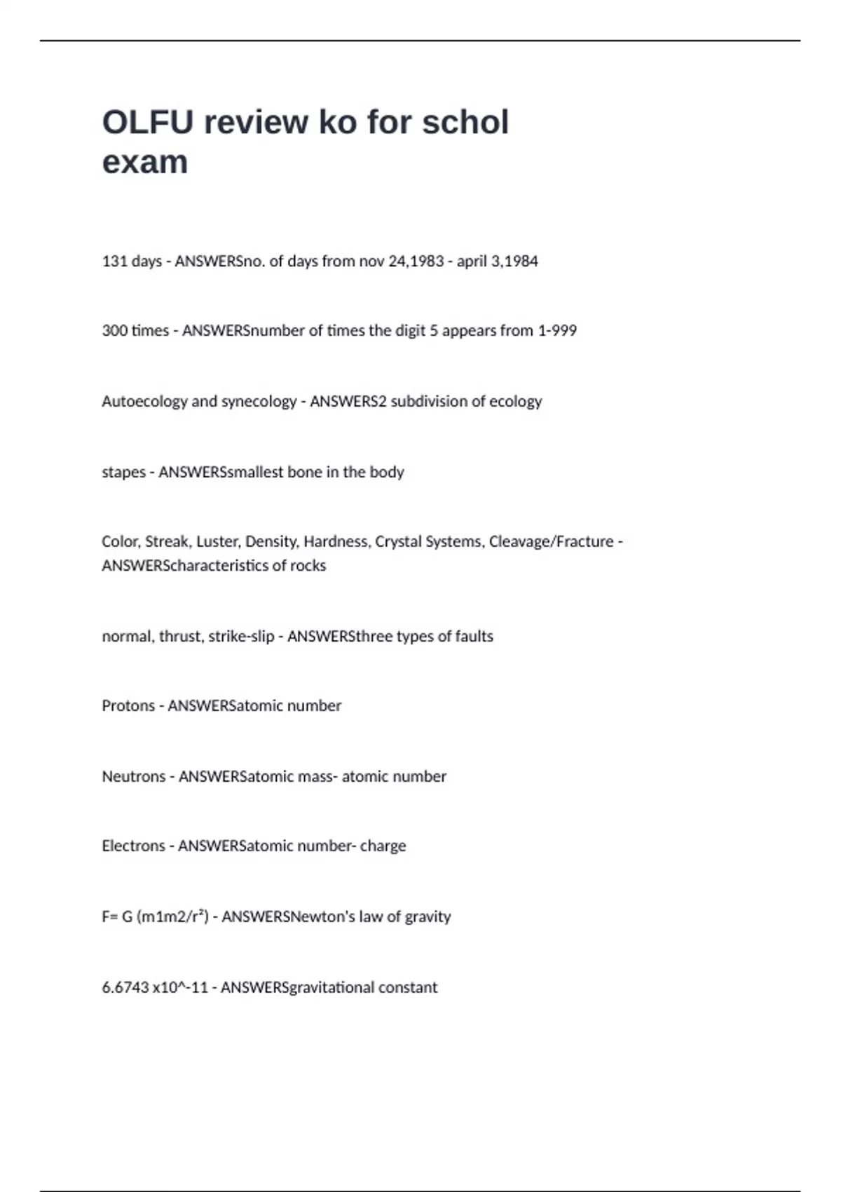 OLFU review ko for schol exam - OLFU - Stuvia US