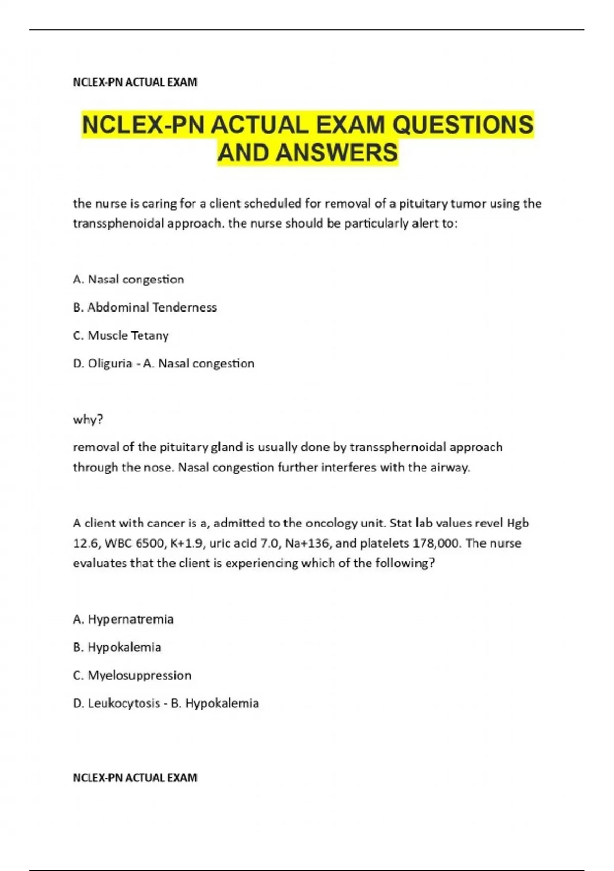 NCLEX-PN ACTUAL EXAM QUESTIONS AND ANSWERS - NCLEX-PN - Stuvia US