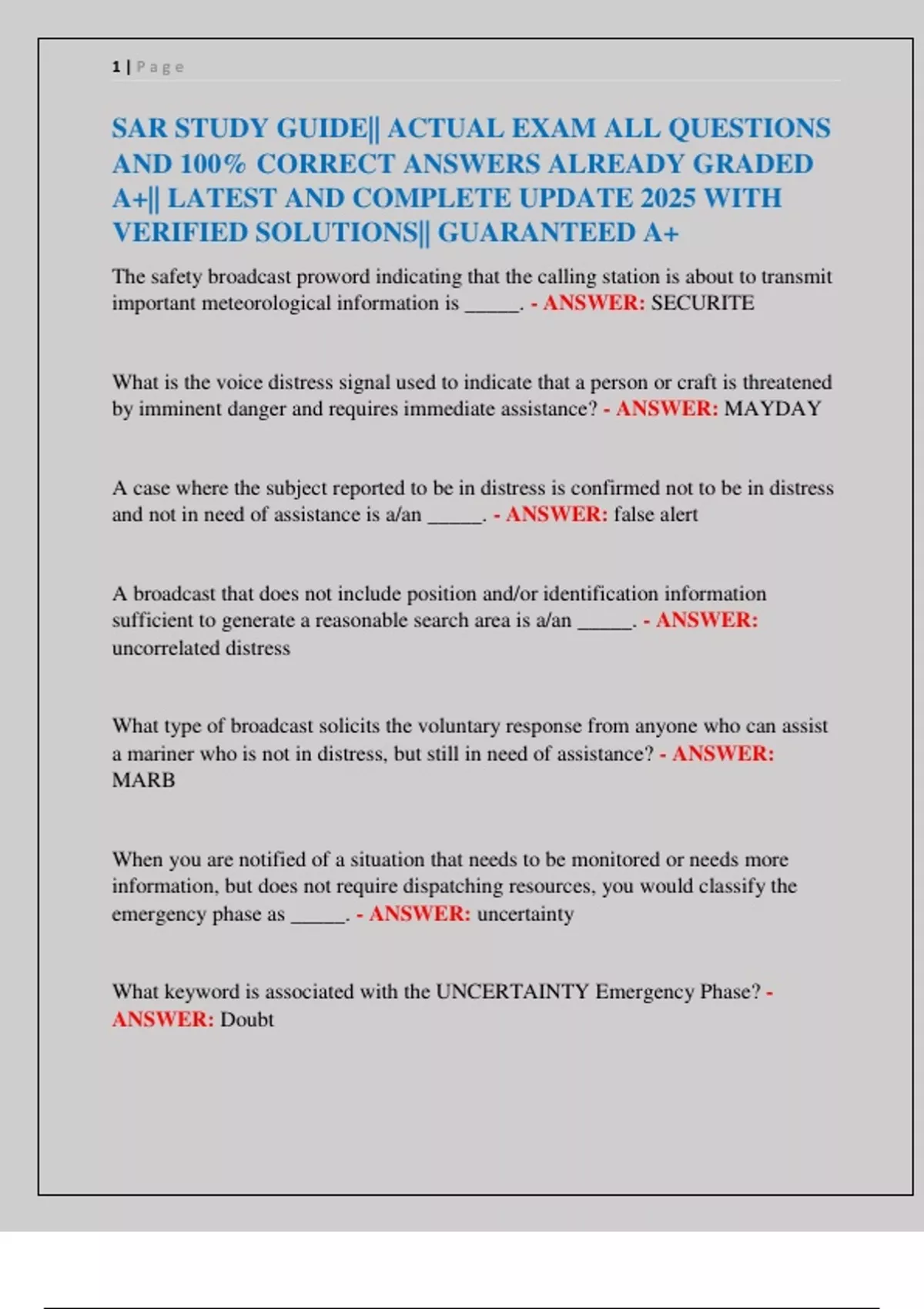 SAR STUDY GUIDE|| ACTUAL EXAM ALL QUESTIONS AND 100% CORRECT ANSWERS ...