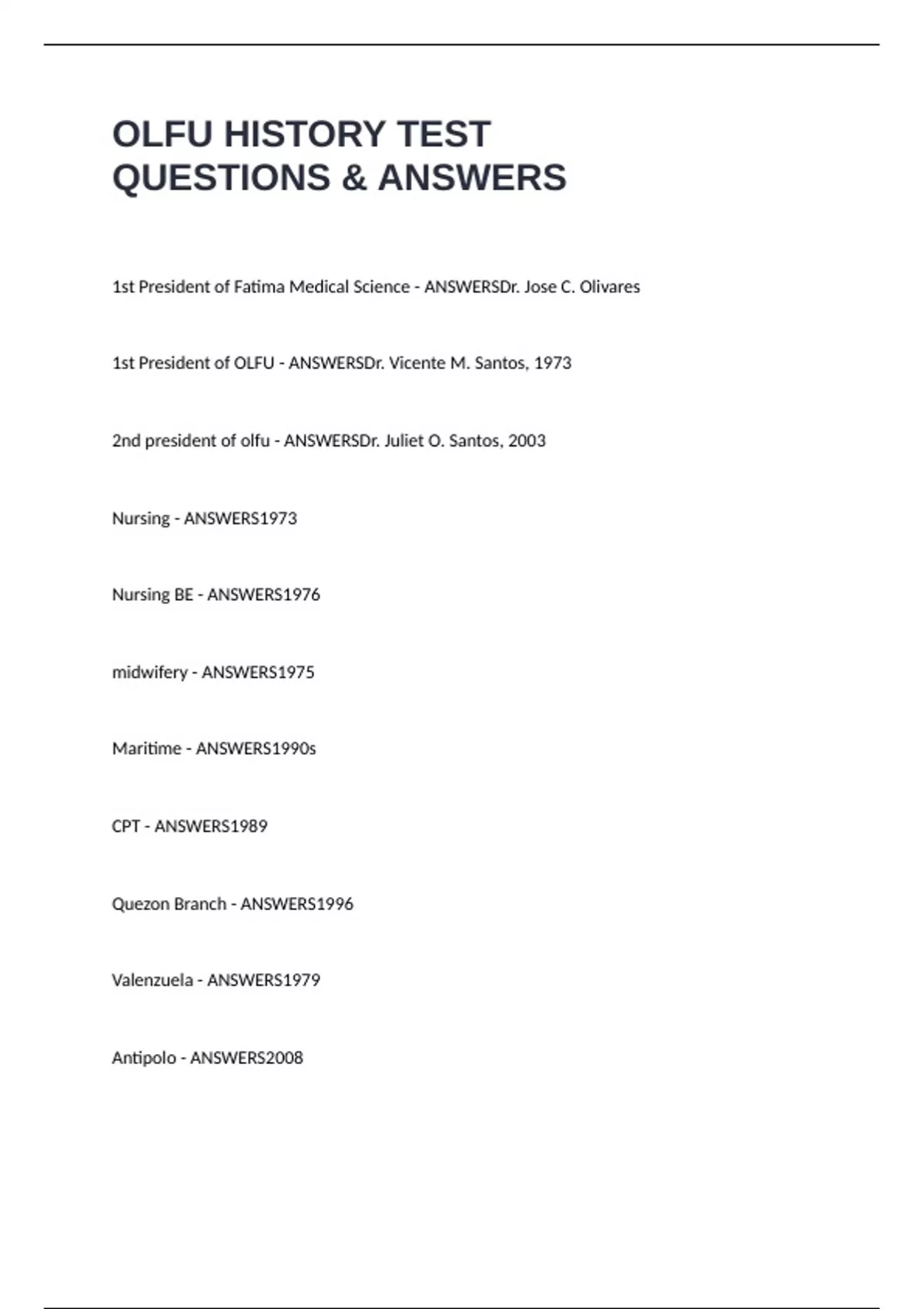 OLFU HISTORY TEST QUESTIONS & ANSWERS - OLFU HISTORY - Stuvia US