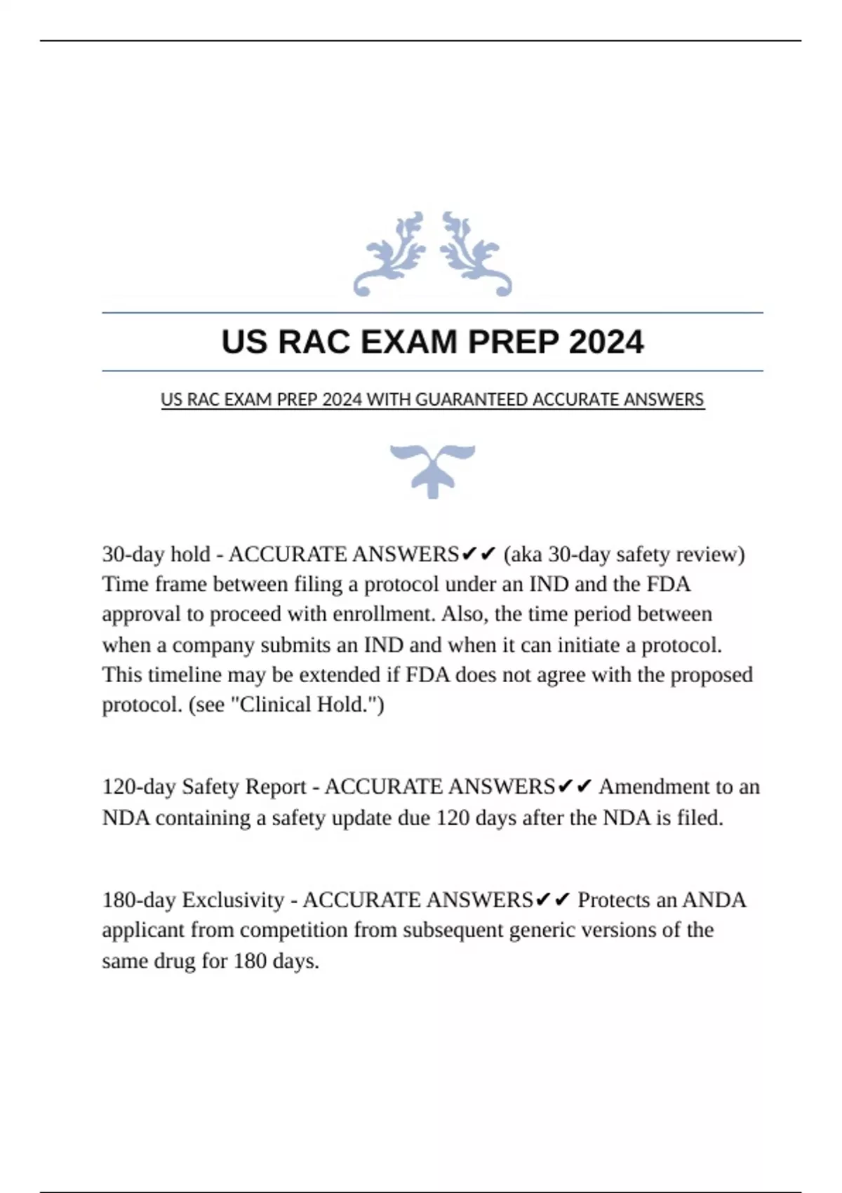 US RAC EXAM PREP 2024 WITH GUARANTEED ACCURATE ANSWERS - US RAC - Stuvia US