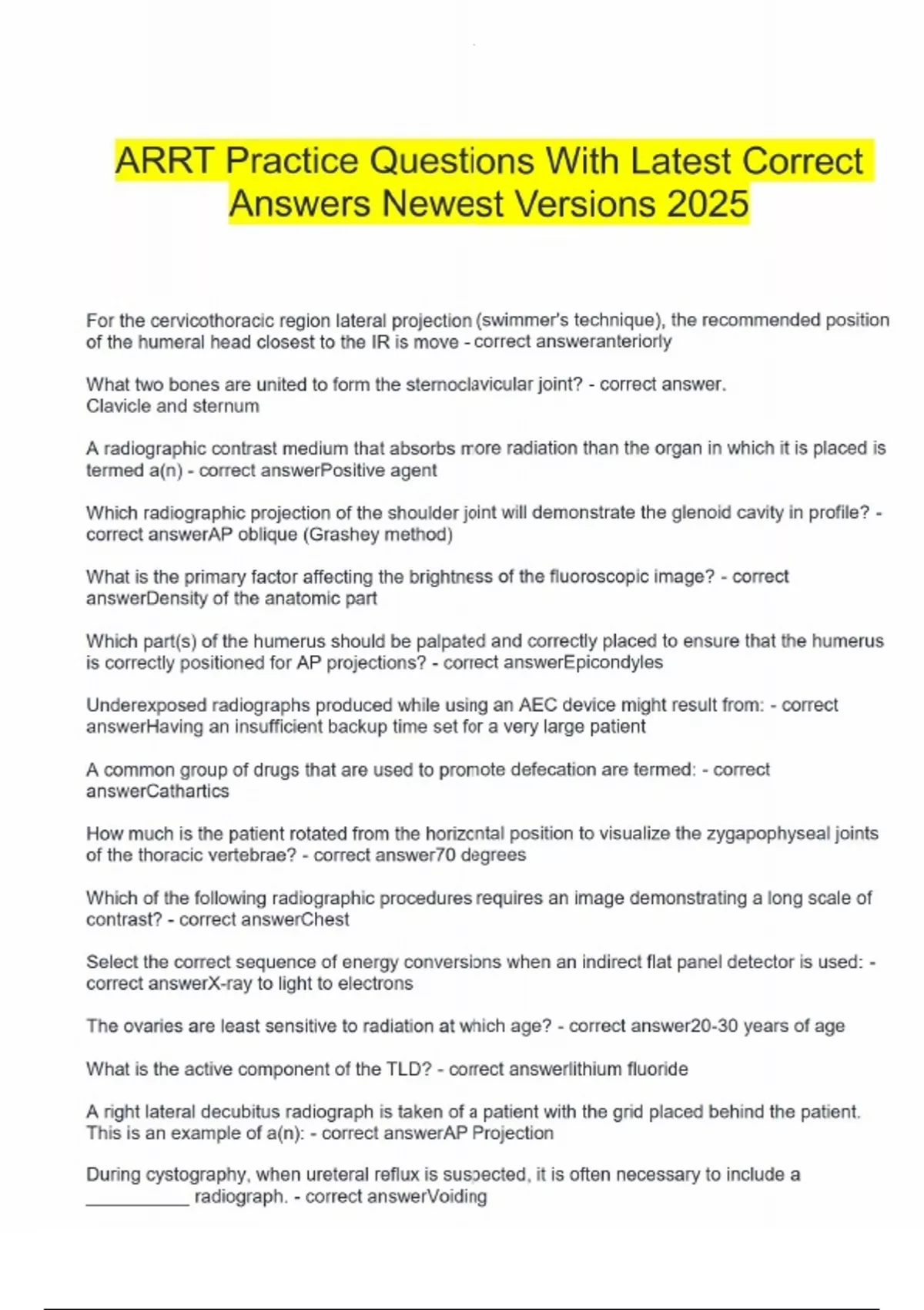 ARRT Practice Questions With Latest Correct Answers Newest Versions ...